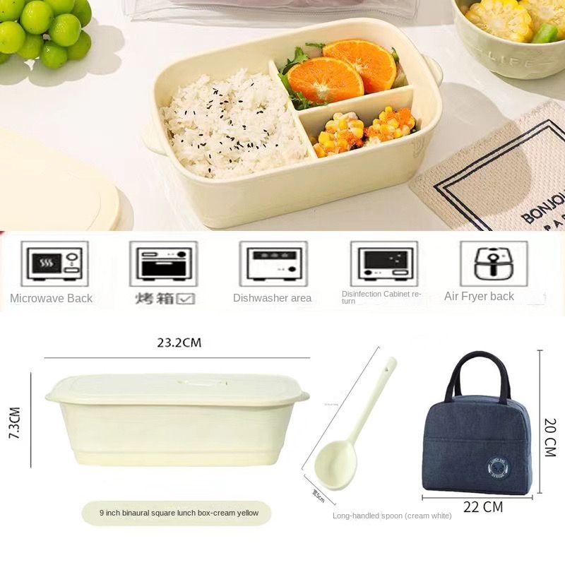 Simple cream style ceramic lunch box for office workers microwave heating partition fresh ...