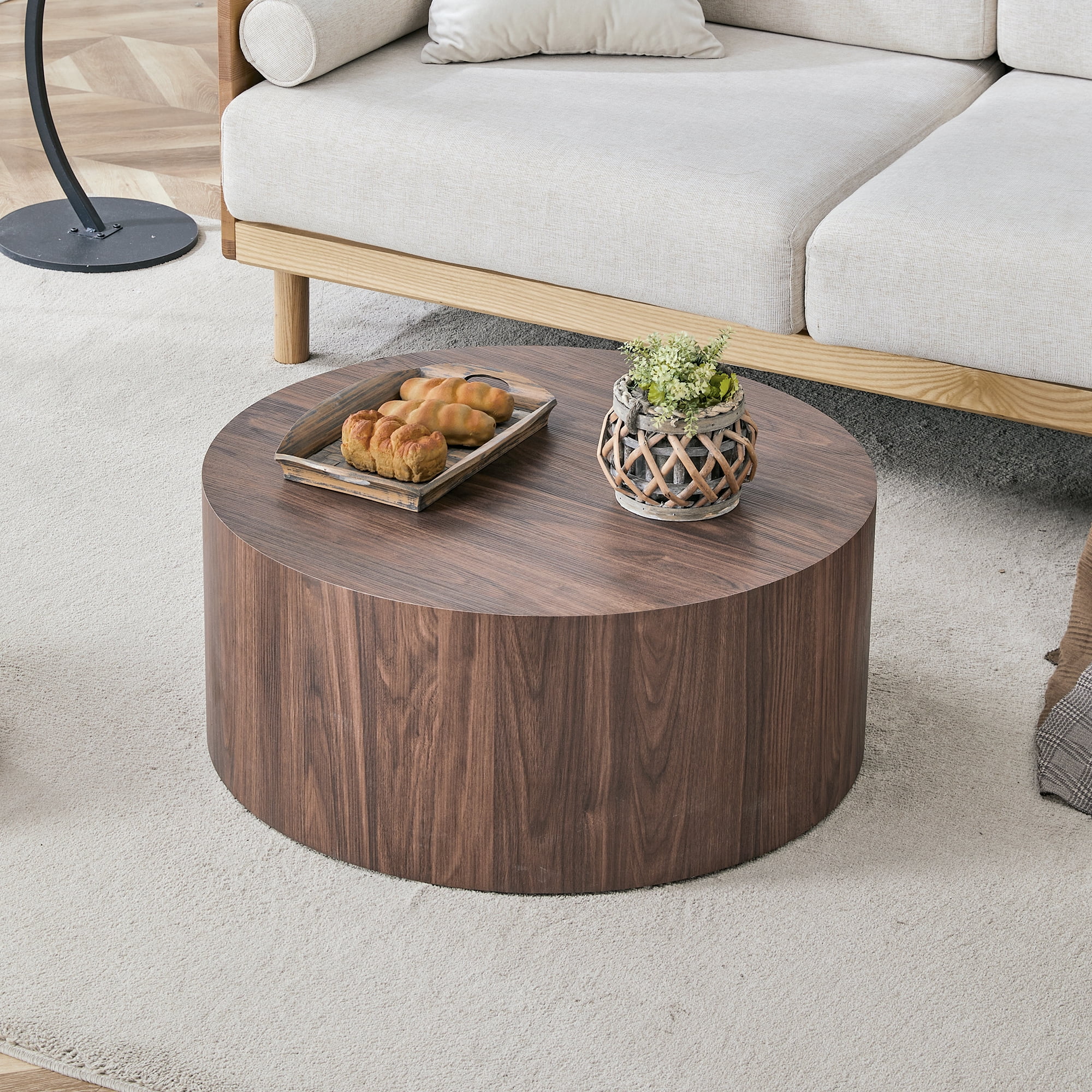 Simple deep walnut cylindrical coffee table, 27.5-inch diameter x 12 ...