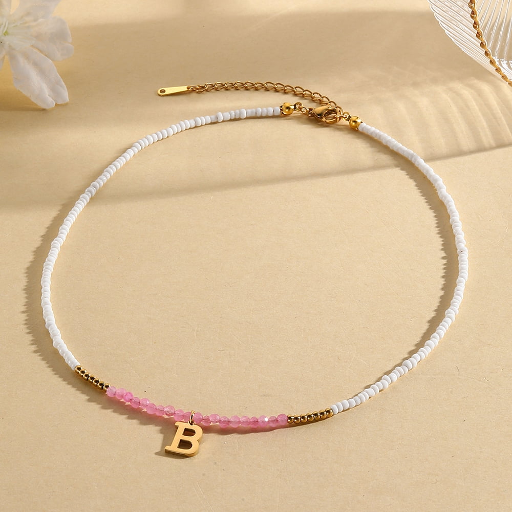 Simple pink millet beads necklace with 26 initials fashion birthday ...