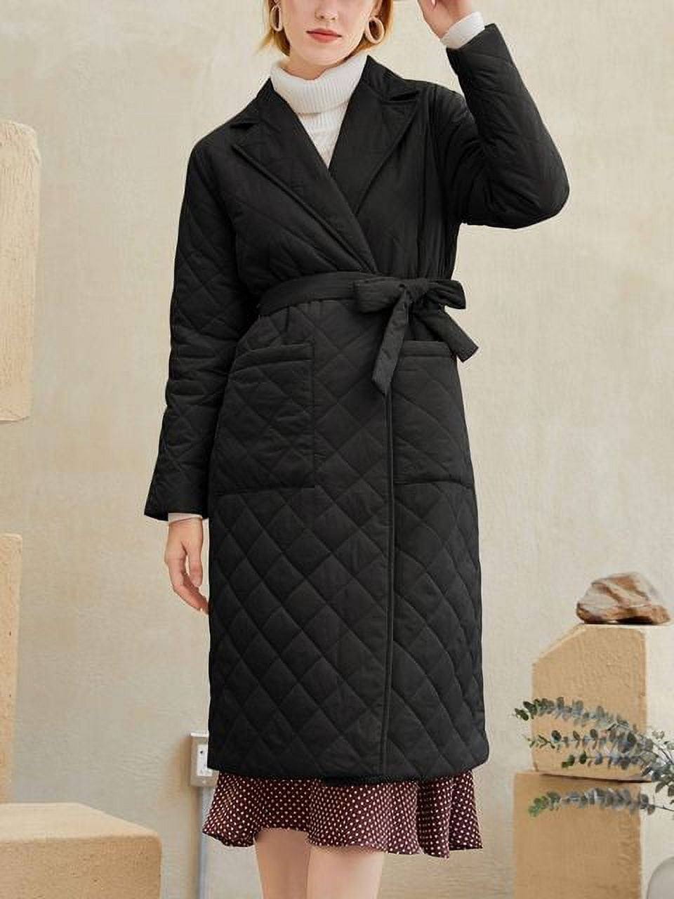 Simplee Long straight winter coat with rhombus pattern Casual sashes ...