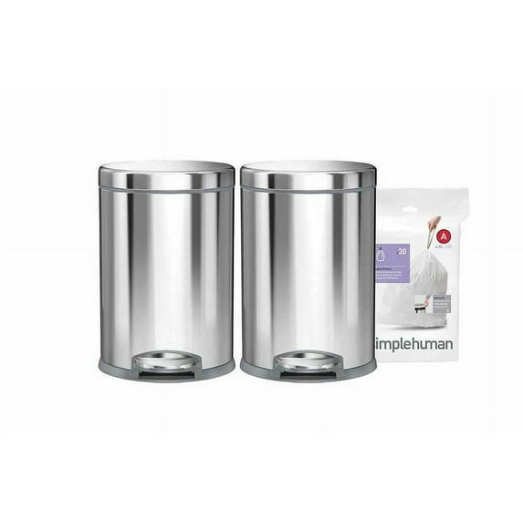 simplehuman 4.5L Round Step Can 2-Pack, Code A Liners 30-Pack, Silent ...