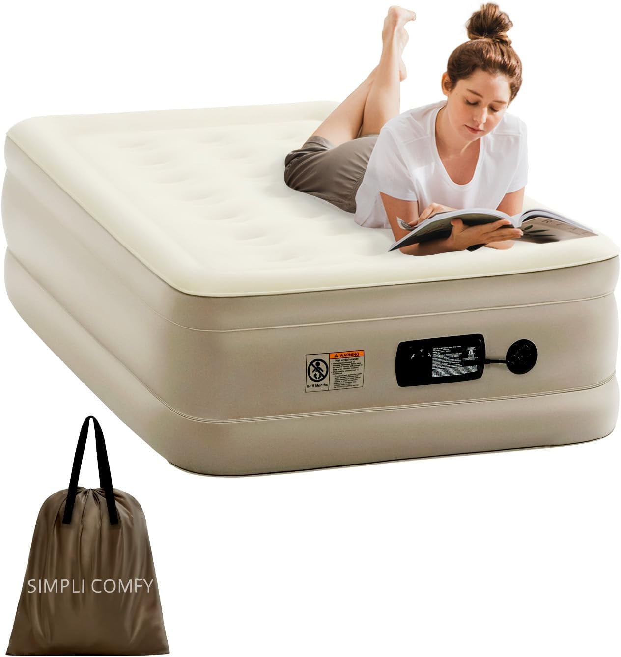 Simpli Comfy 18" Raised Twin Inflatable Air Mattress with Built-in AC Pump, Fast Self-Inflating ...