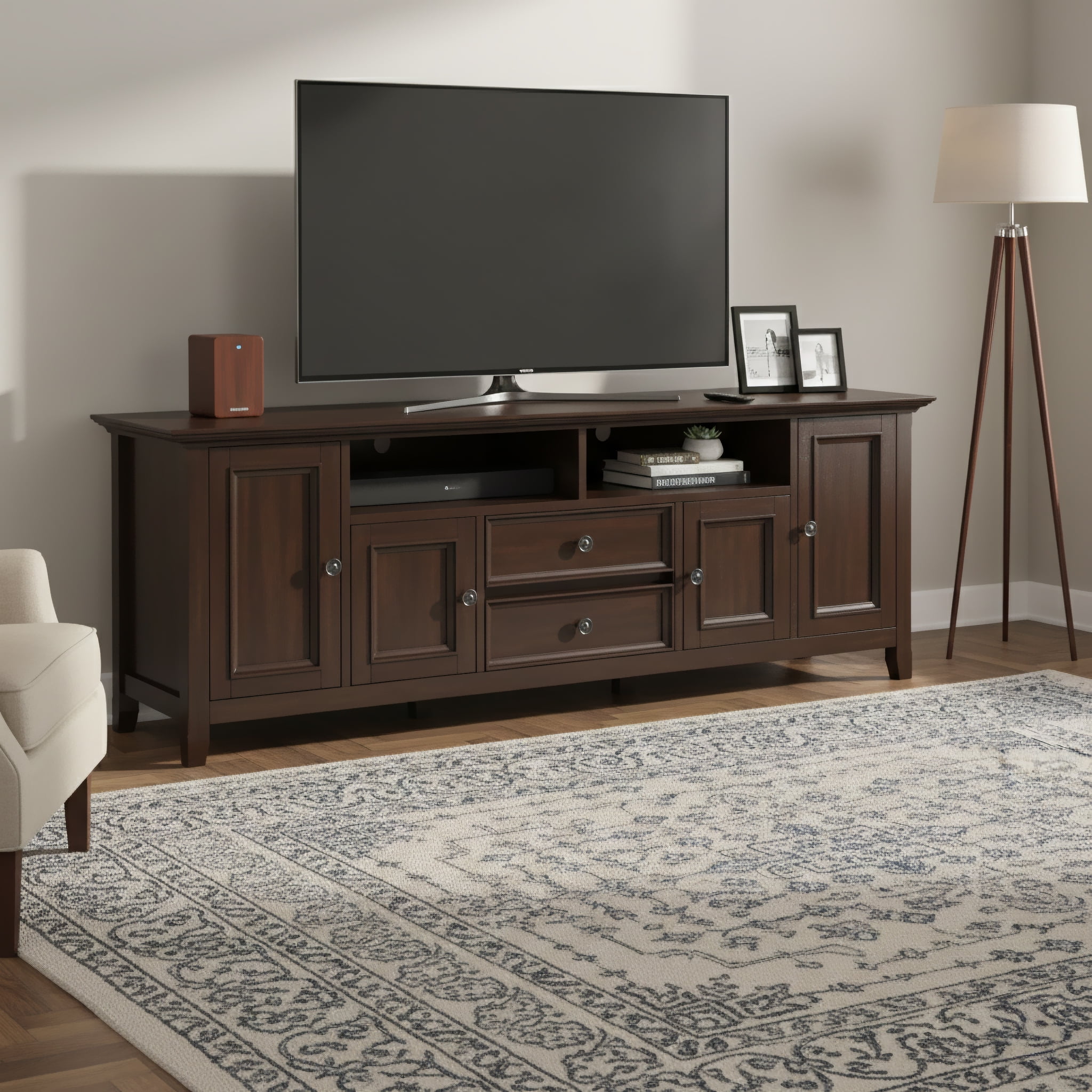 Simpli Home Amherst 72 inch Wide Solid Wood TV Stand, Mocha Brown ...