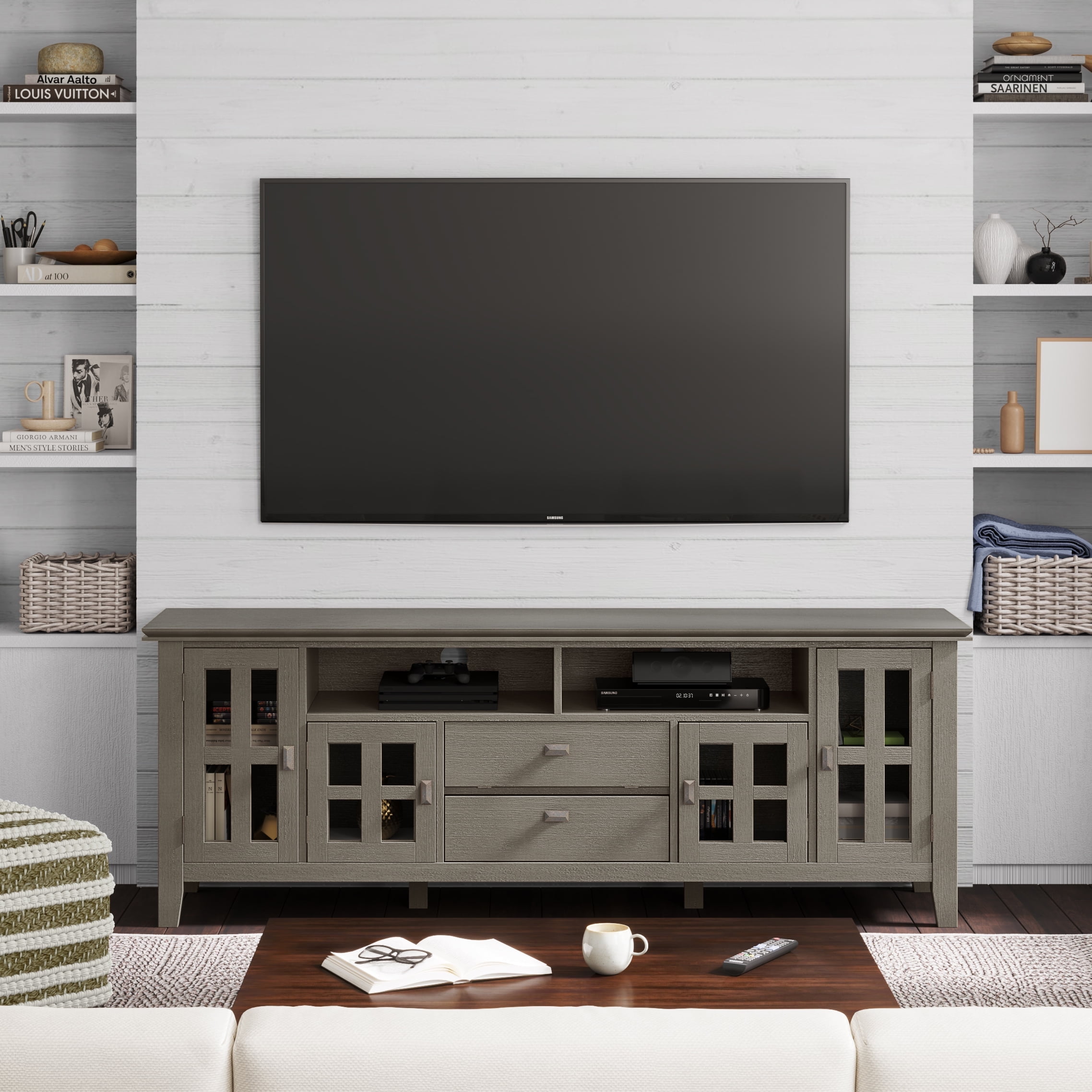 Simpli Home Artisan 72 inch Wide Solid Wood TV Stand, Farmhouse Grey ...