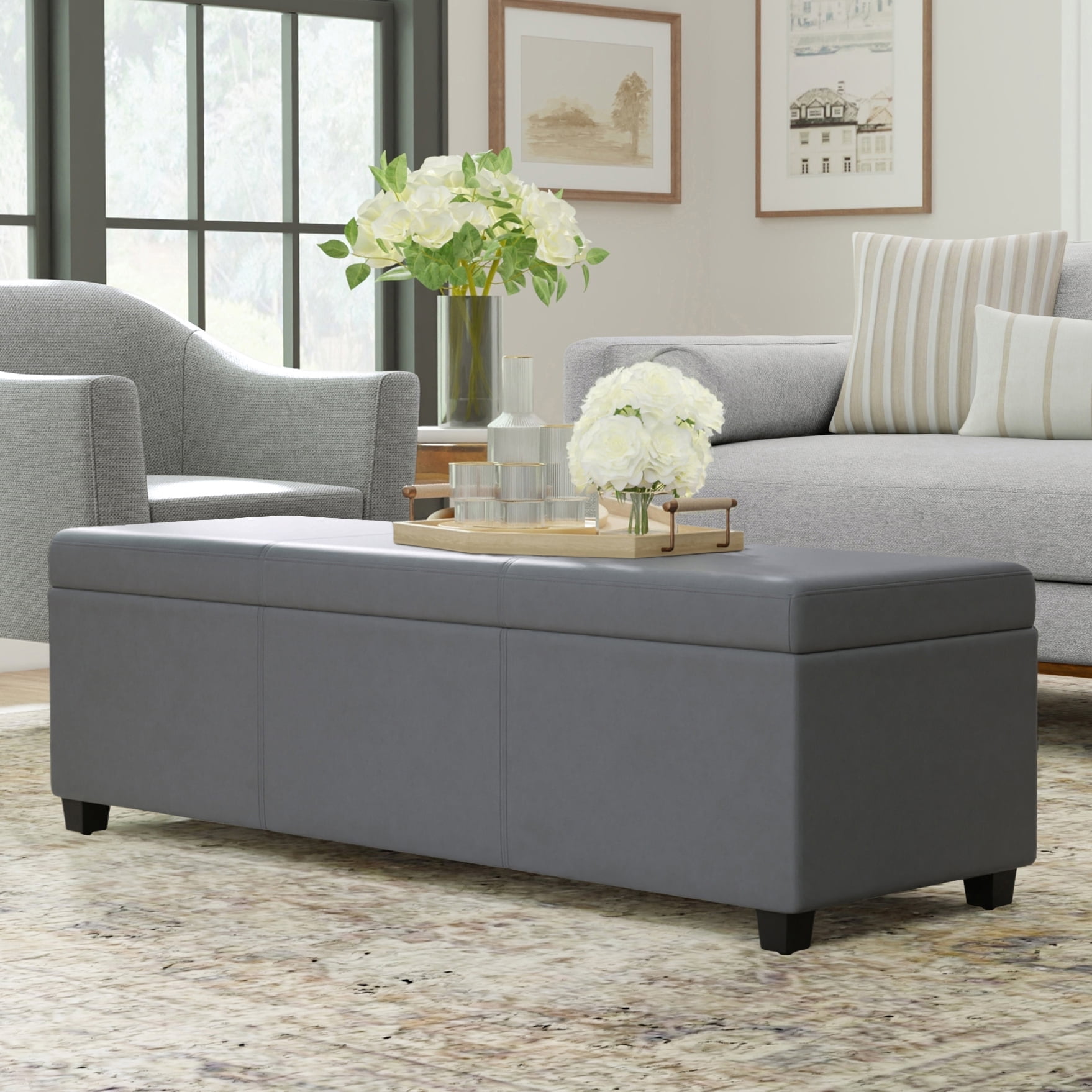 Simpli Home Avalon 54" Wide, Extra Large Storage Ottoman Bench, Stone ...