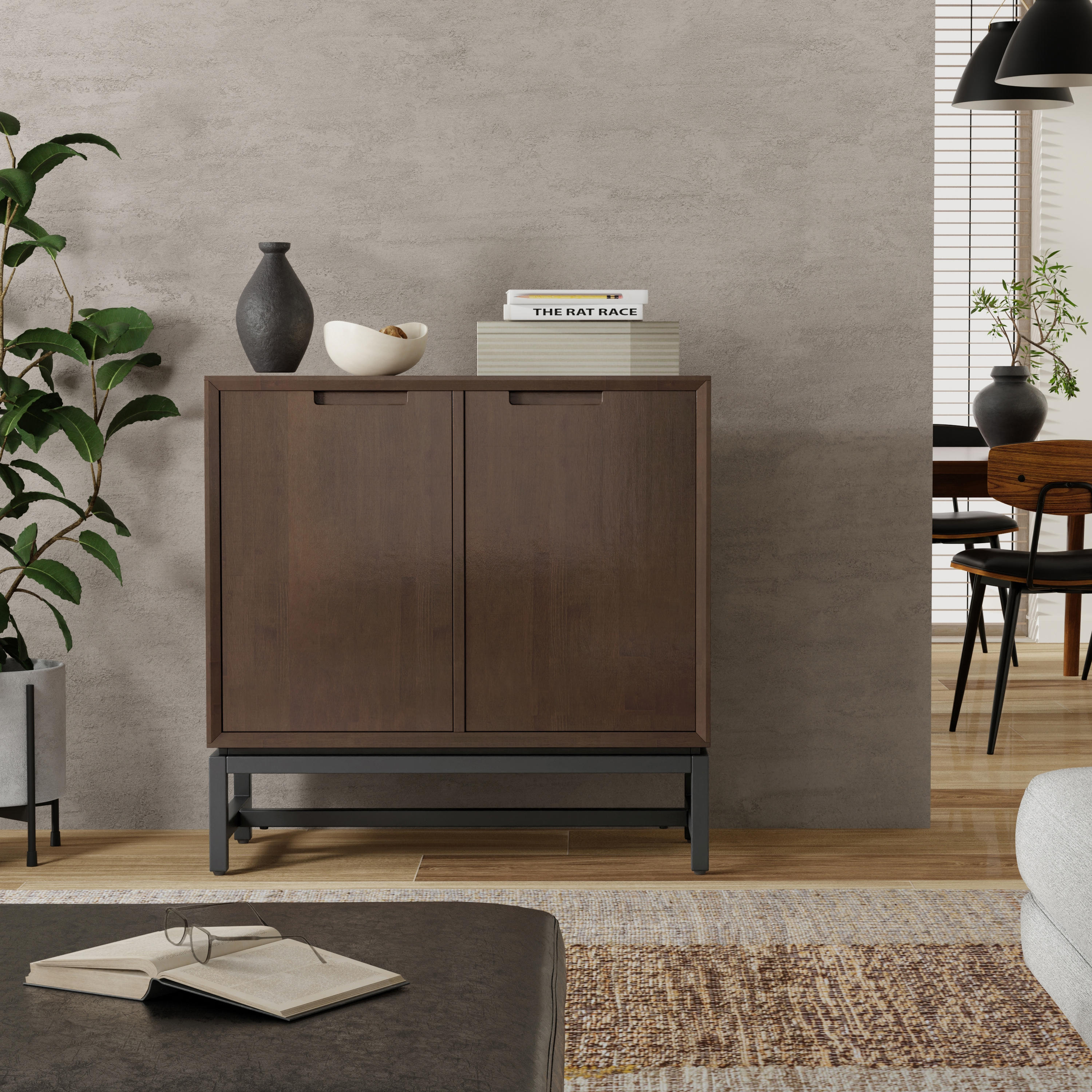 Simpli Home Banting SOLID HARDWOOD 32 inch Wide Modern Industrial Low Storage Cabinet in Walnut ...