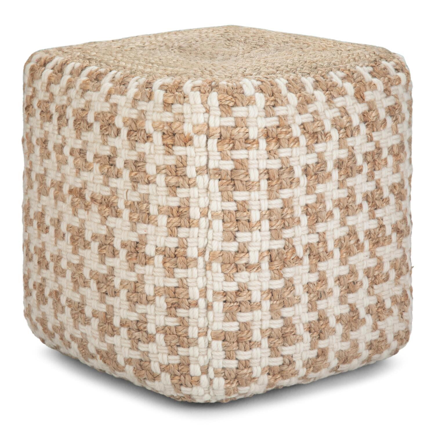 Simpli Home Cullen Boho Cube Pouf in Natural Woven Wool and Jute ...