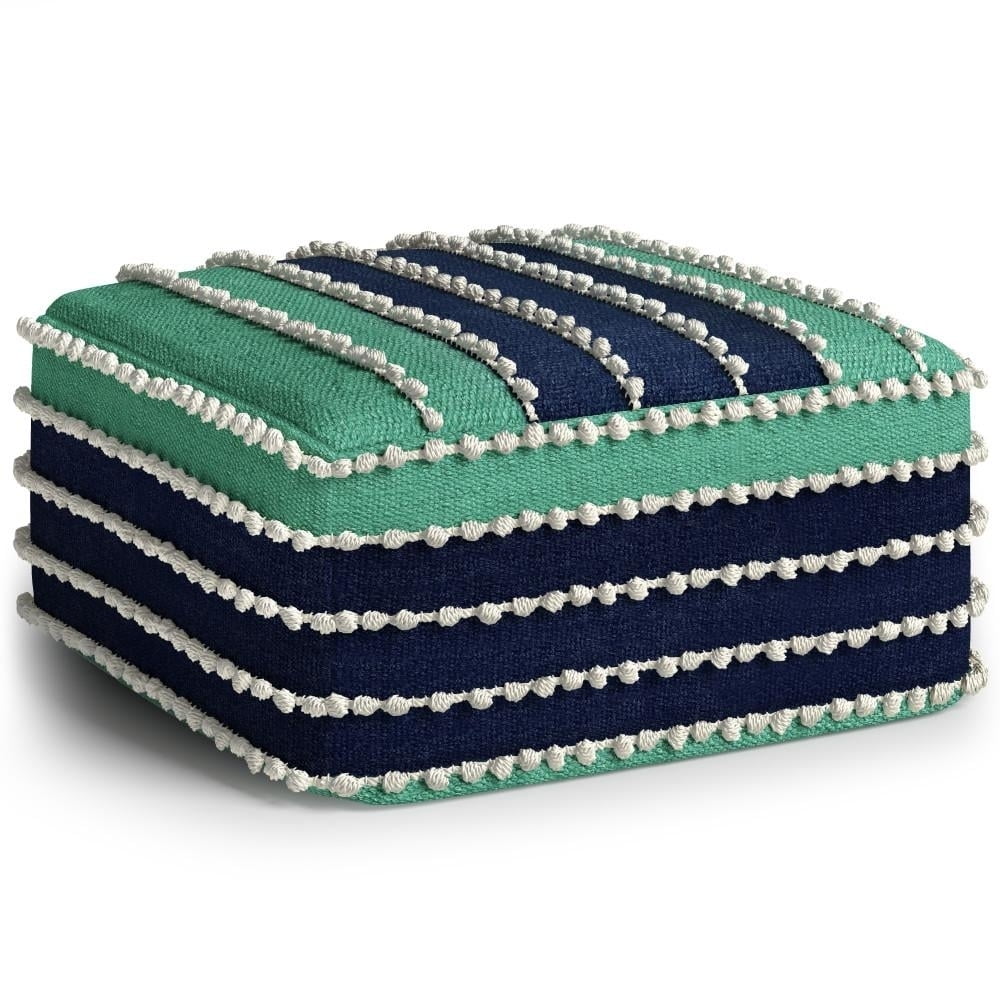 Simpli Home Garbo Boho Square Woven Pouf in Aqua, Navy and White Recycled PET Polyester ...