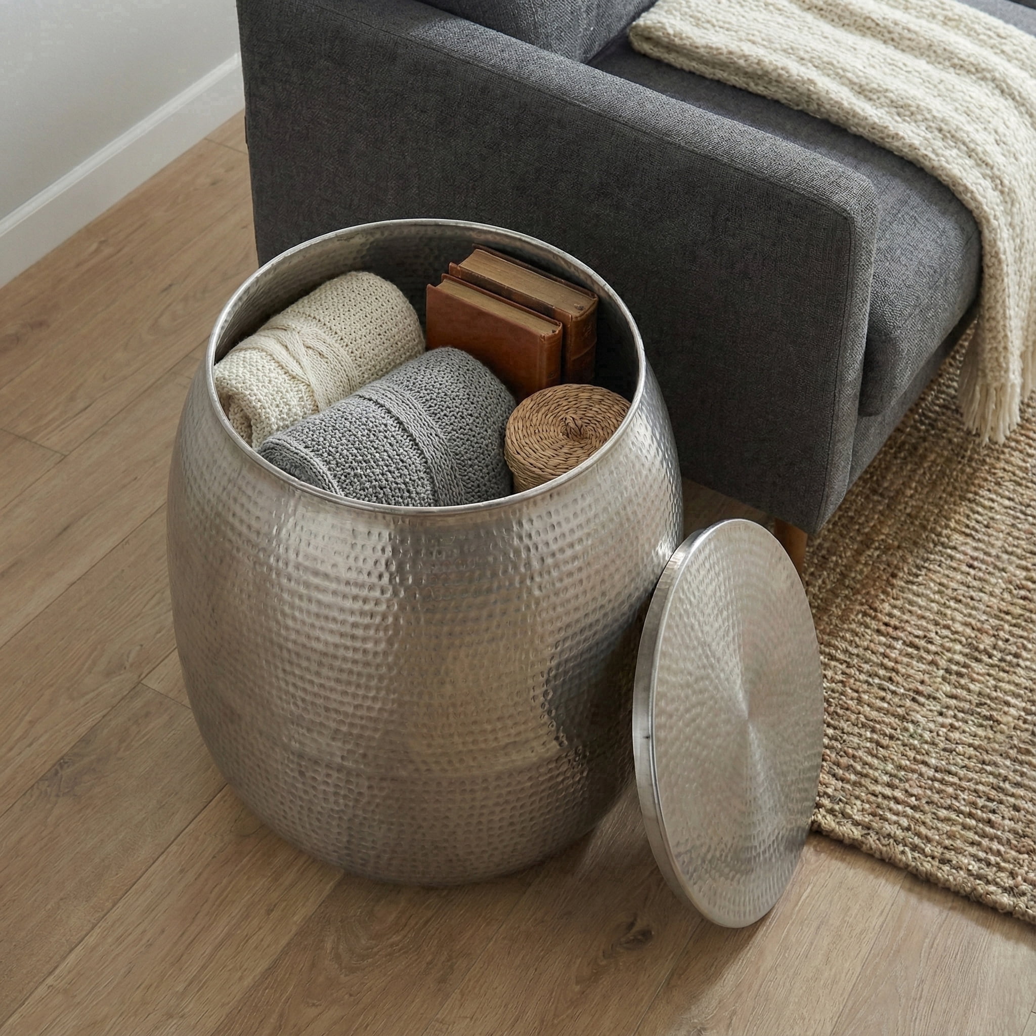 Simpli Home Griffen 19 inch Wide Hand-Hammered Metal Drum Storage ...
