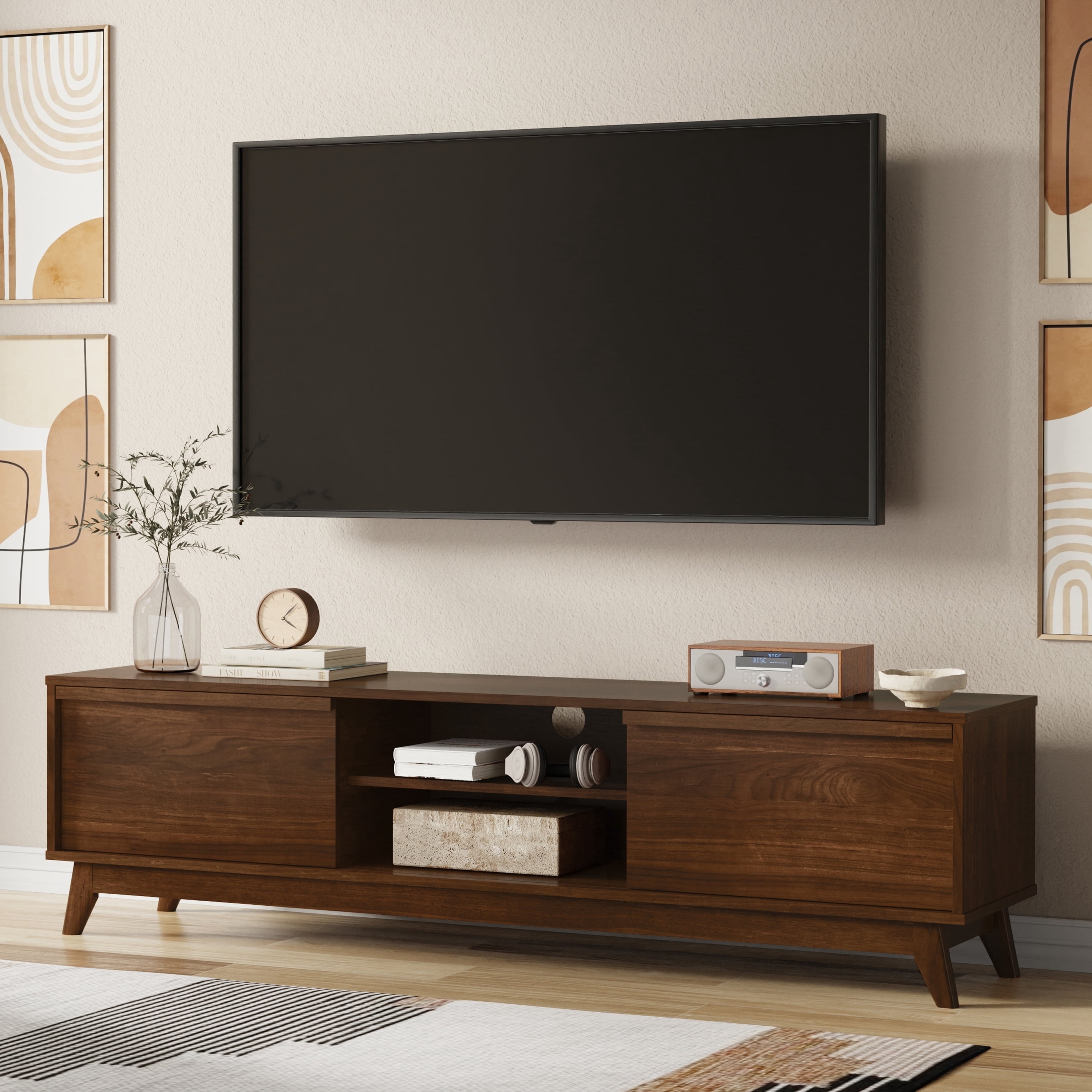 Simpli Home Lennon 72 inch Wide Solid Wood Low TV Stand in Walnut For ...