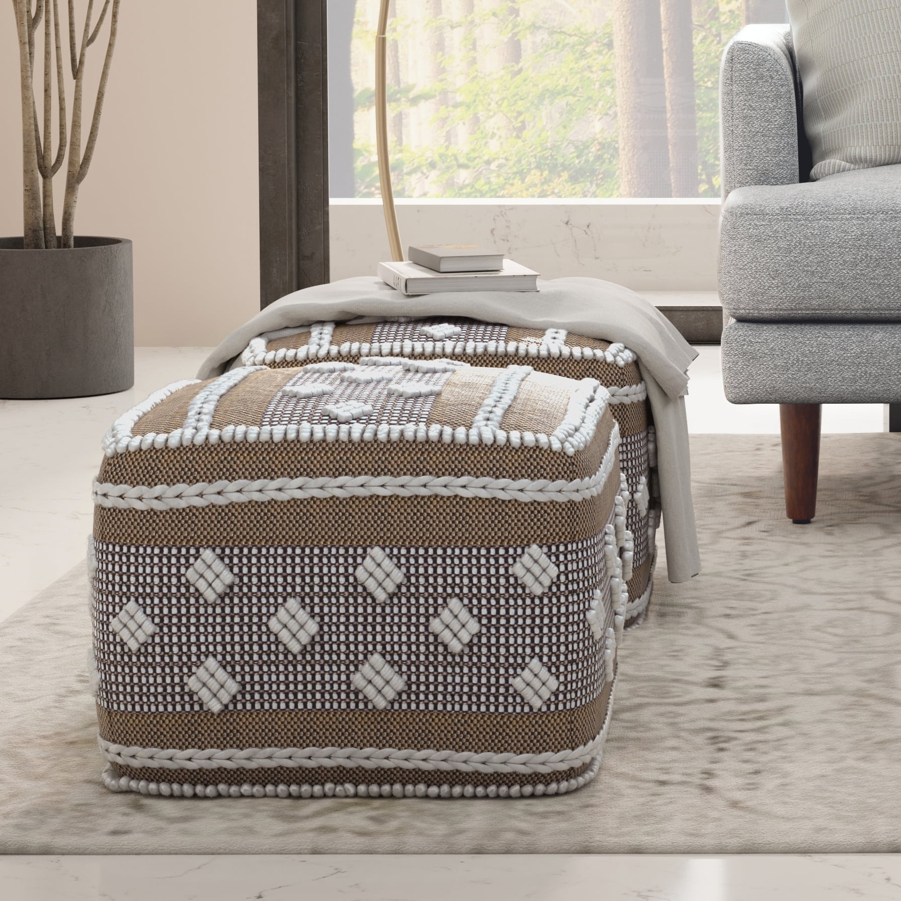 Simpli Home Mapleton Boho Square Pouf in White, Beige, Grey Polystyrene ...