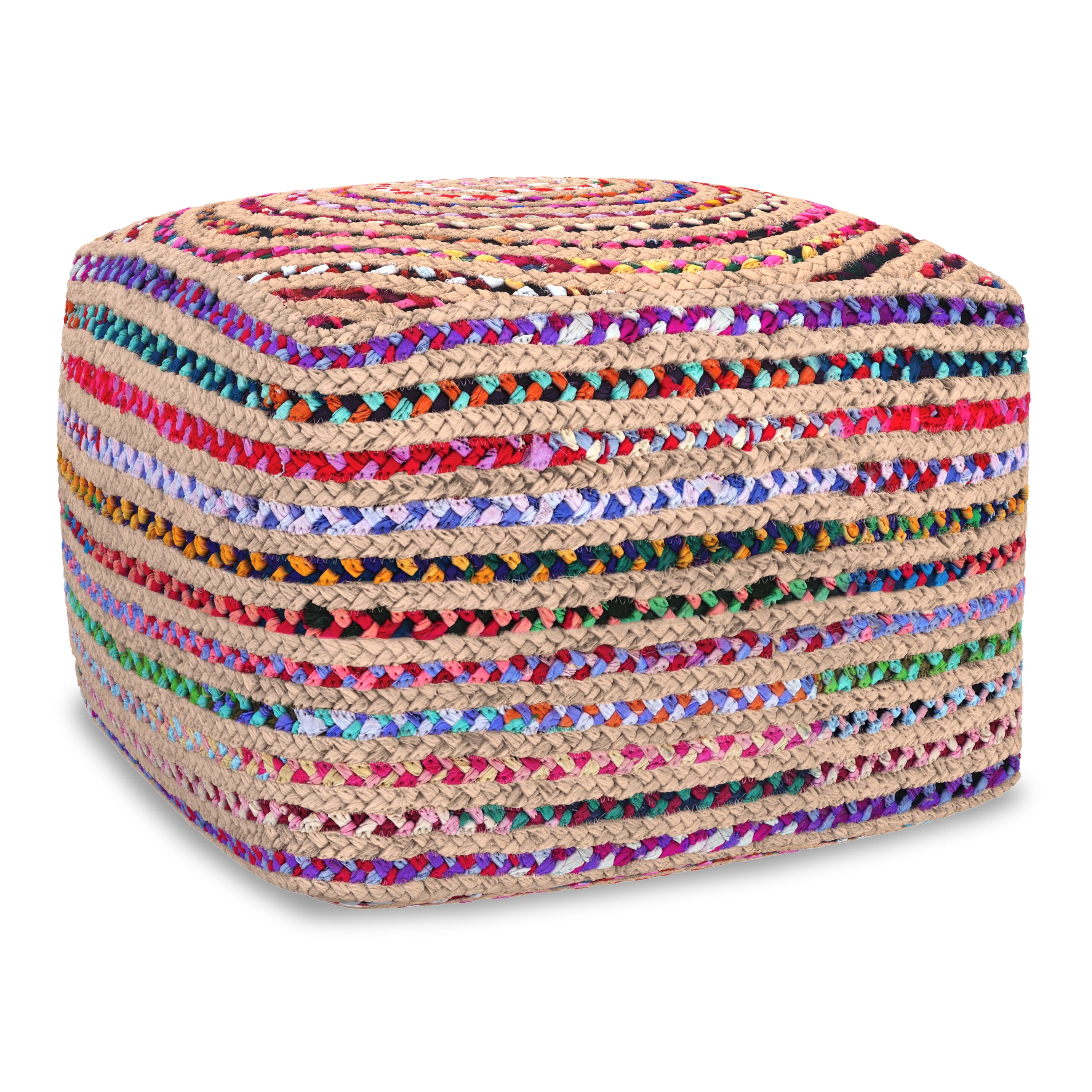 Simpli Home Margo 20 inch Wide Boho Pouf in Multicolor Natural Jute/Cotton Chindi, Assembled ...