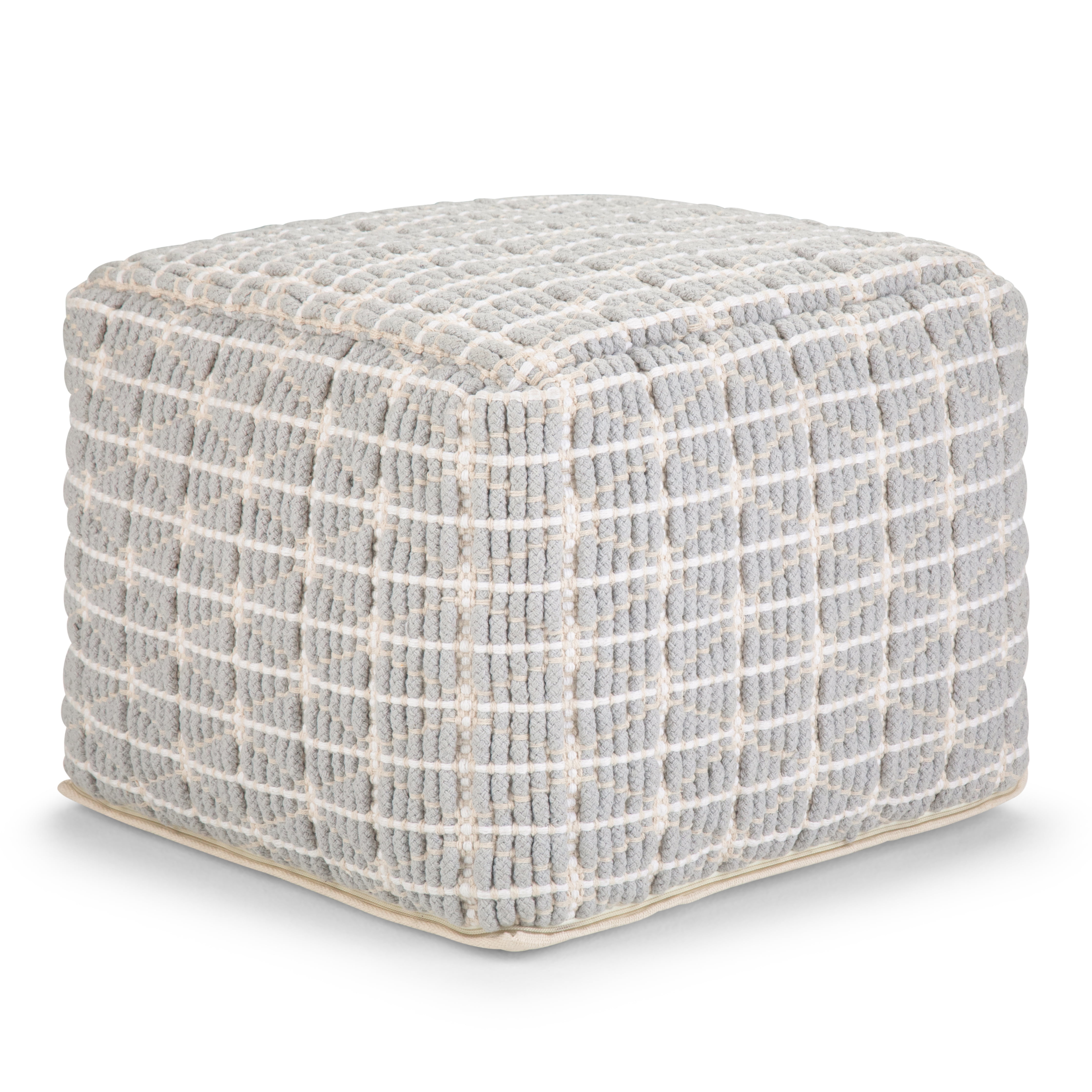 Simpli Home Noreen Square Pouf in Light Blue, White Handloom Woven ...