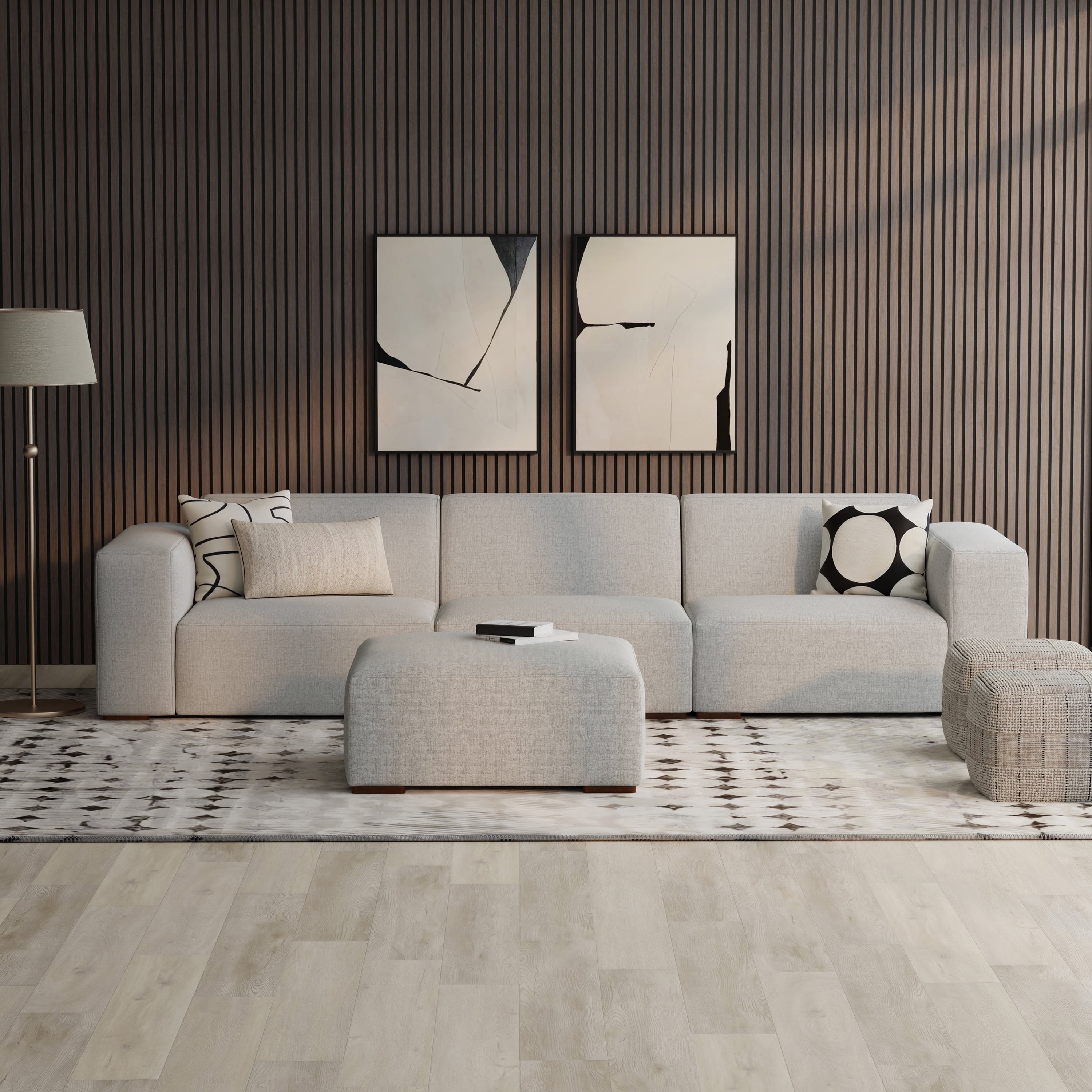 Simpli Home Rex 3-Seater Modular Sofa and Ottoman Set in Tightly Woven ...