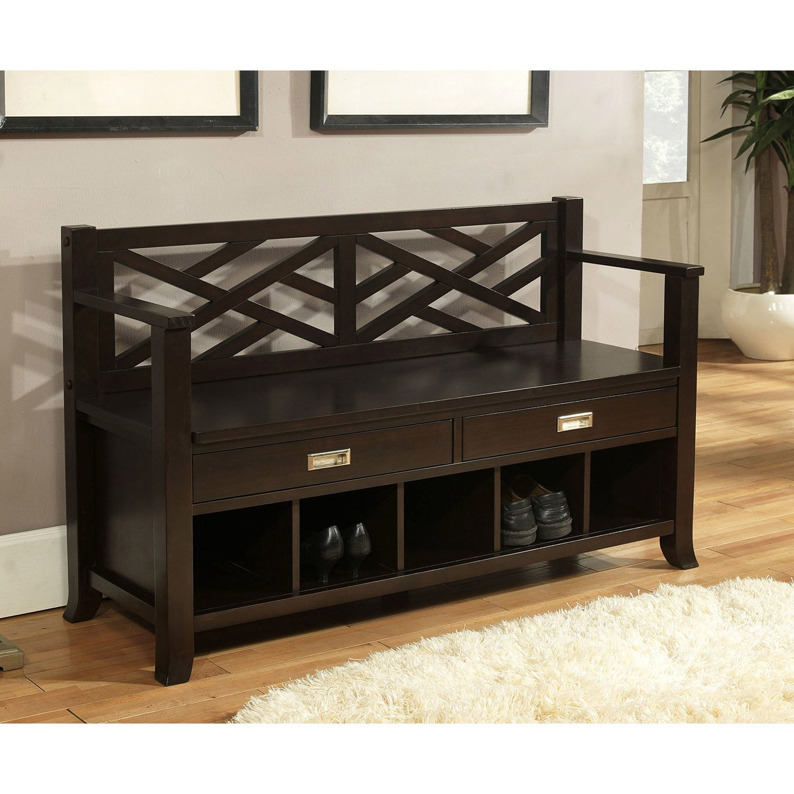 Simpli Home Sea Mills Entryway Storage Bench with 2 Drawers and 5 Shoe ...
