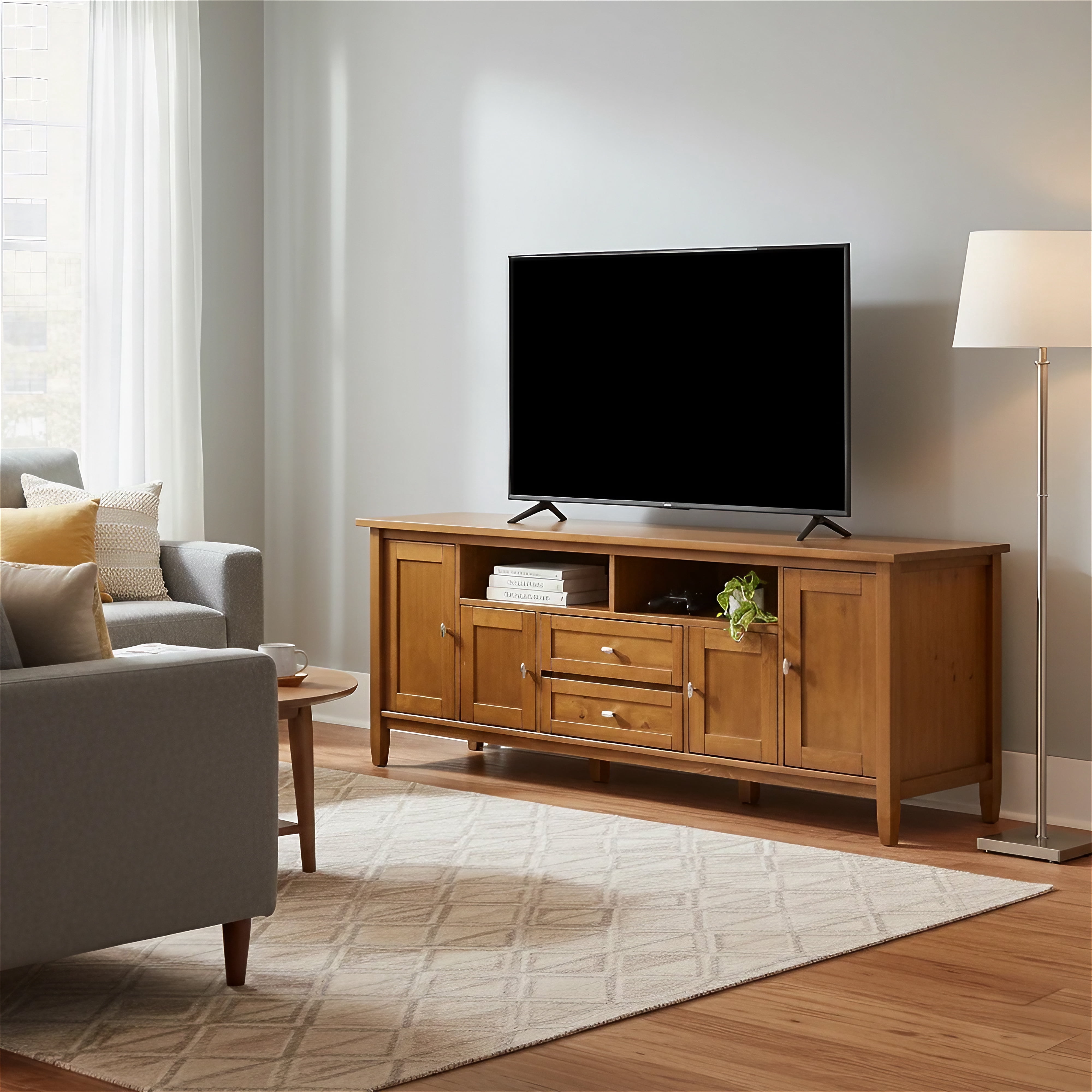 Simpli Home Warm Shaker 72 inch Wide Solid Wood TV Stand, Warm Honey ...