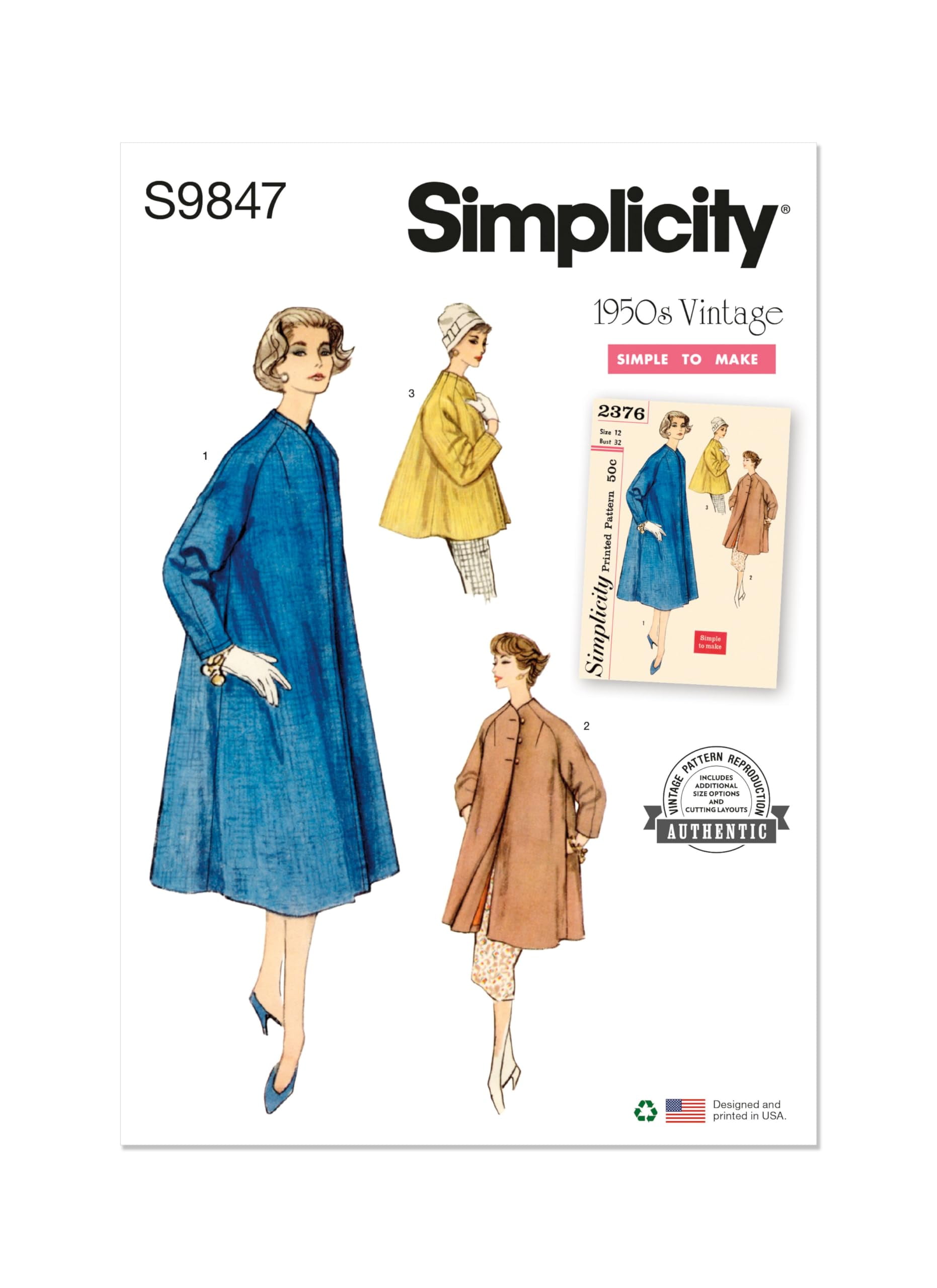 Simplicity Easy Misses' 1950's Vintage Collarless Coat Sewing Pattern ...