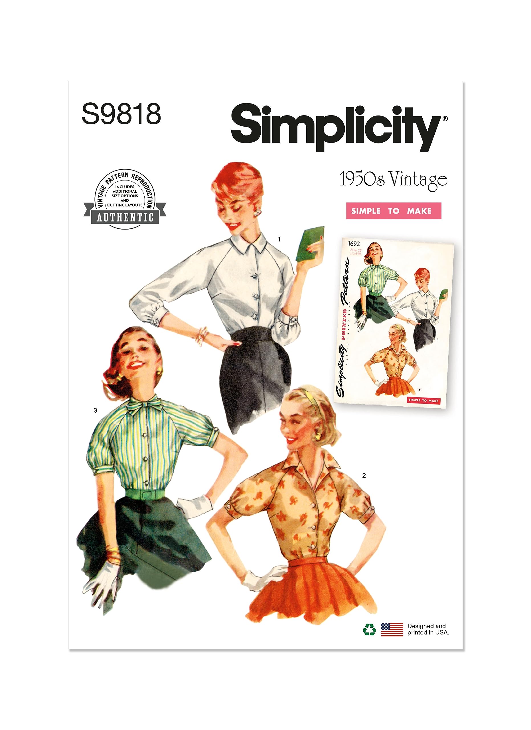 Simplicity Easy Misses' Vintage 1950's Blouses Sewing Pattern Kit ...