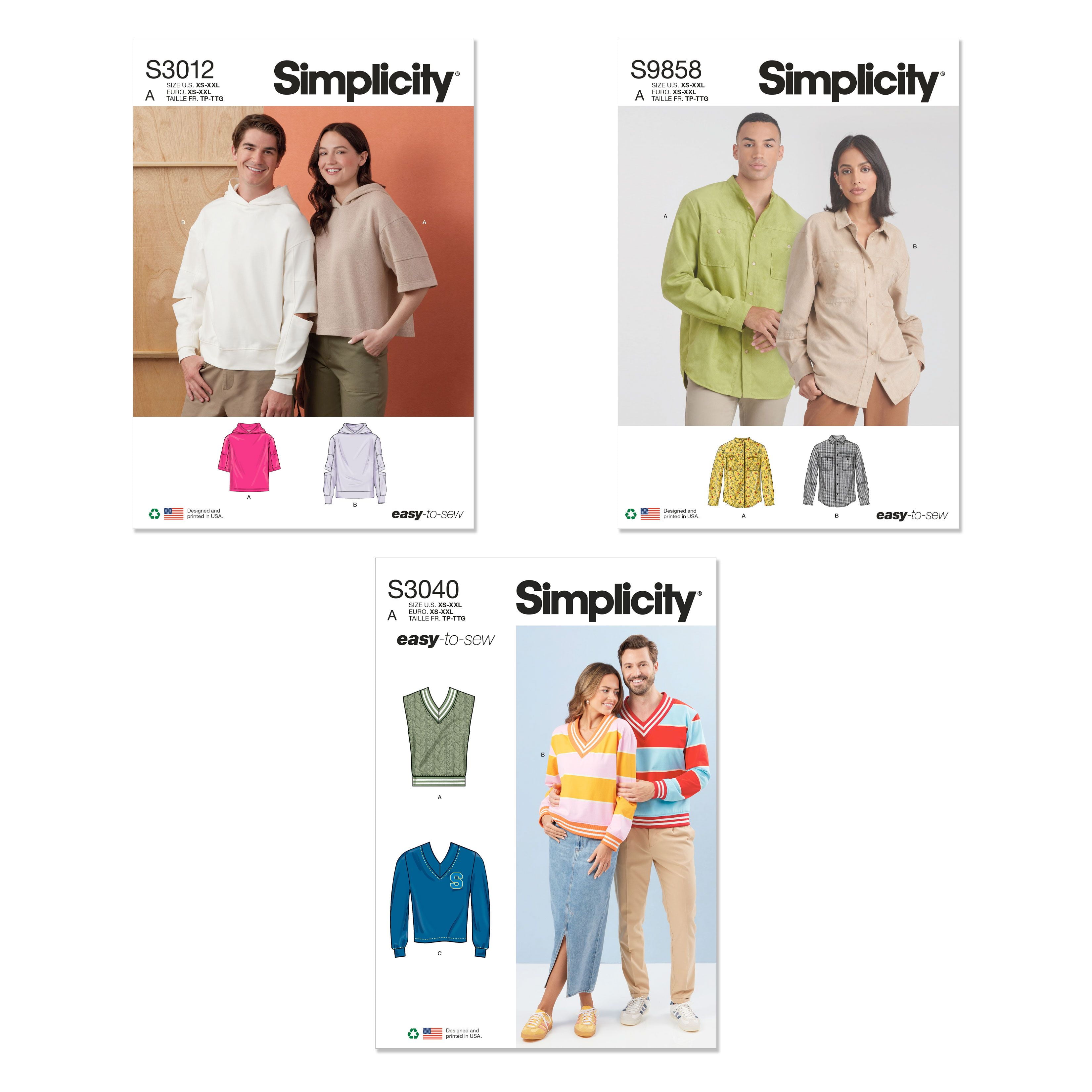 Simplicity Unisex Tops XS-XXL Pattern Bundle BD10018 Size XS-S-M-L-XL ...