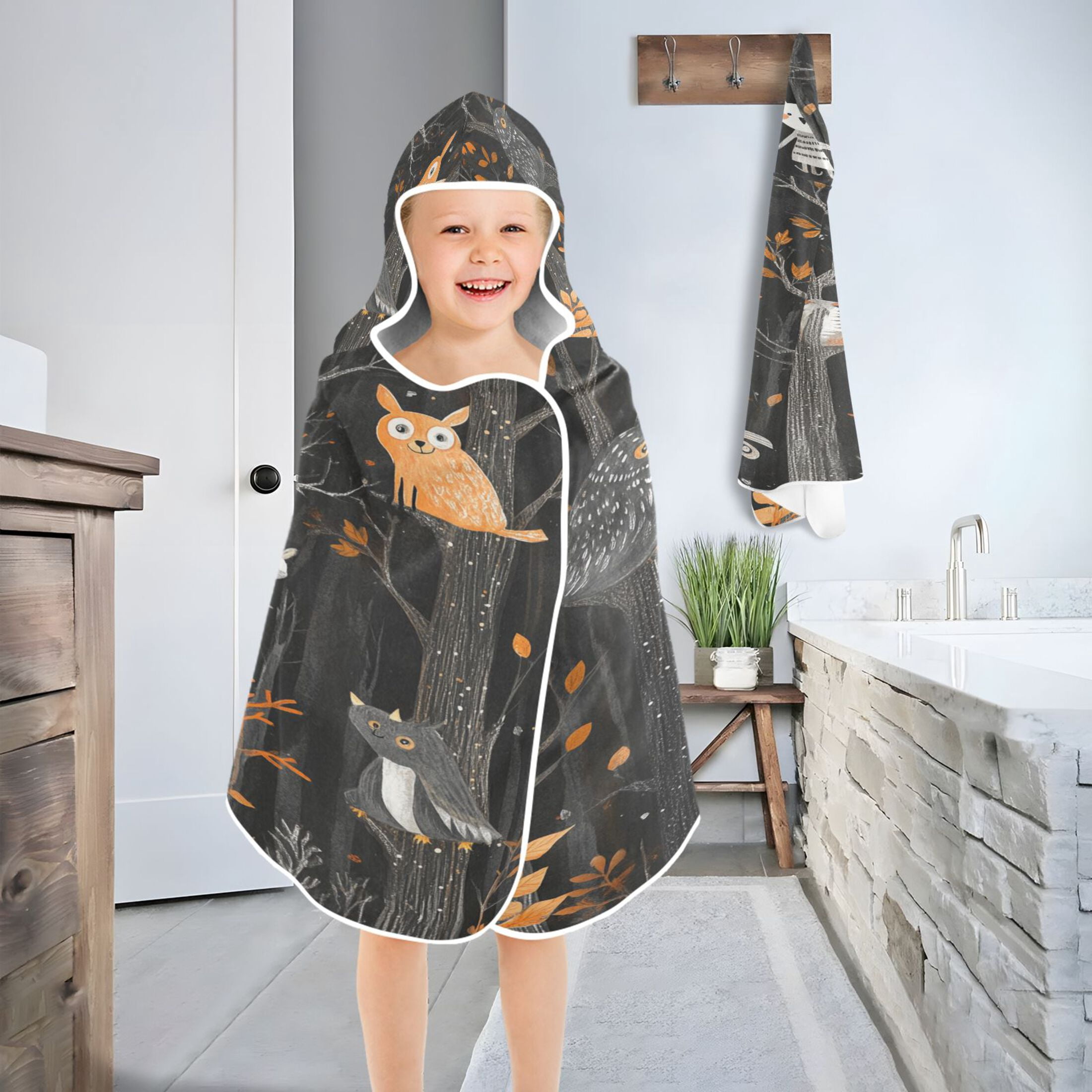 Simplified Halloween Animal Kid's Hooded Bath Towel Poncho, Full-Print ...