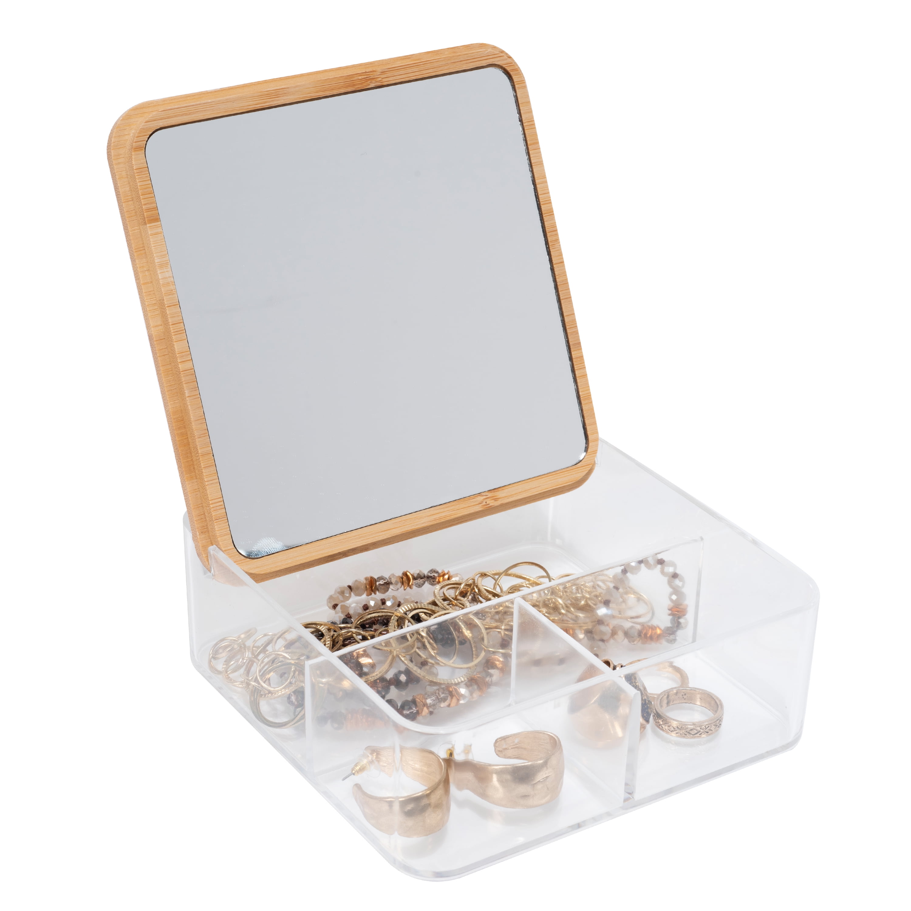 Simplify 3 Compartment Clear Plastic Organizer with Bamboo Lid & Mirror ...