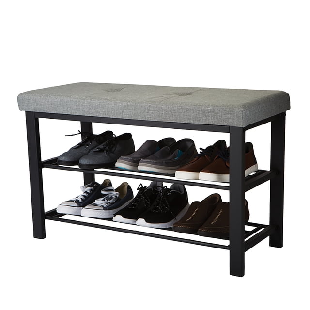 Simplify Entryway Metal Cushioned Bench with 2 Tier 8 Pair Shoe Storage ...