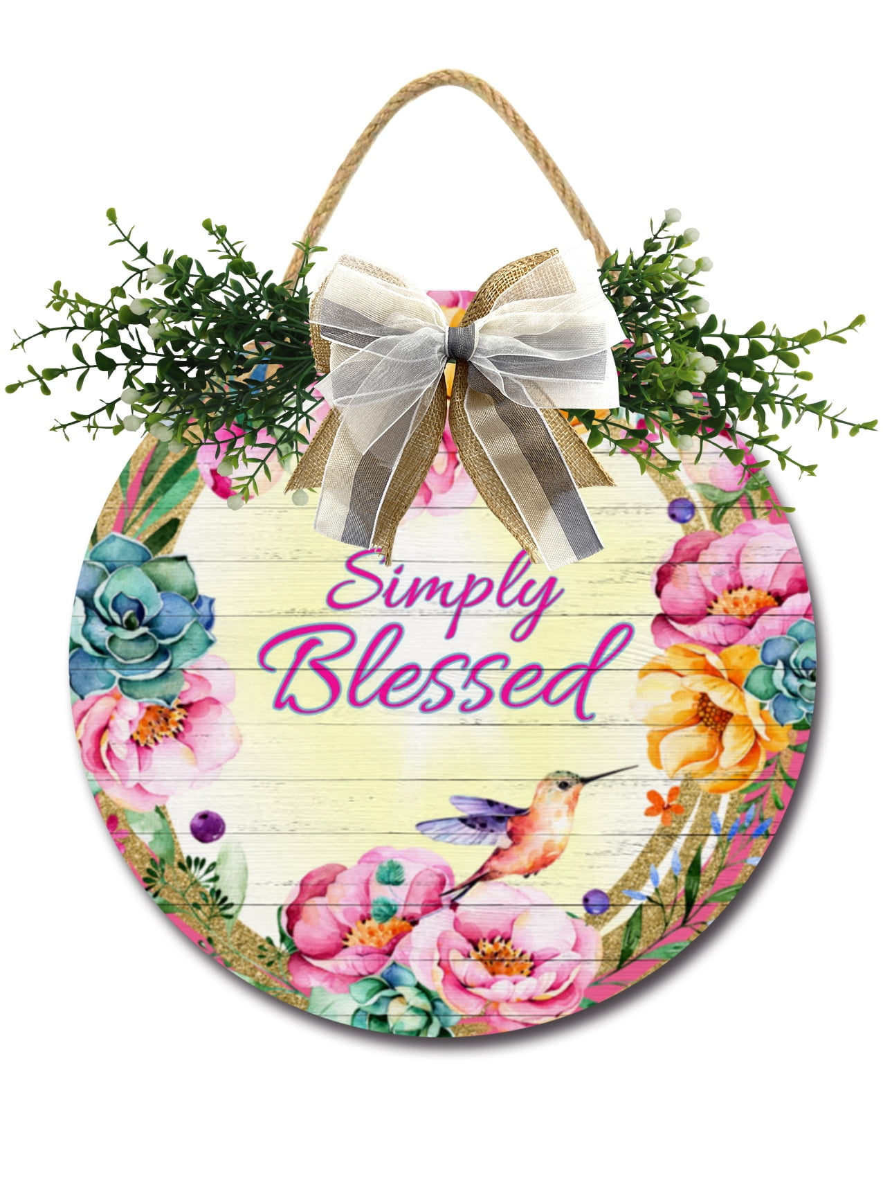 Simply Blessed Door Sign Home Decor Round Wood Wreaths Wall Hanging ...