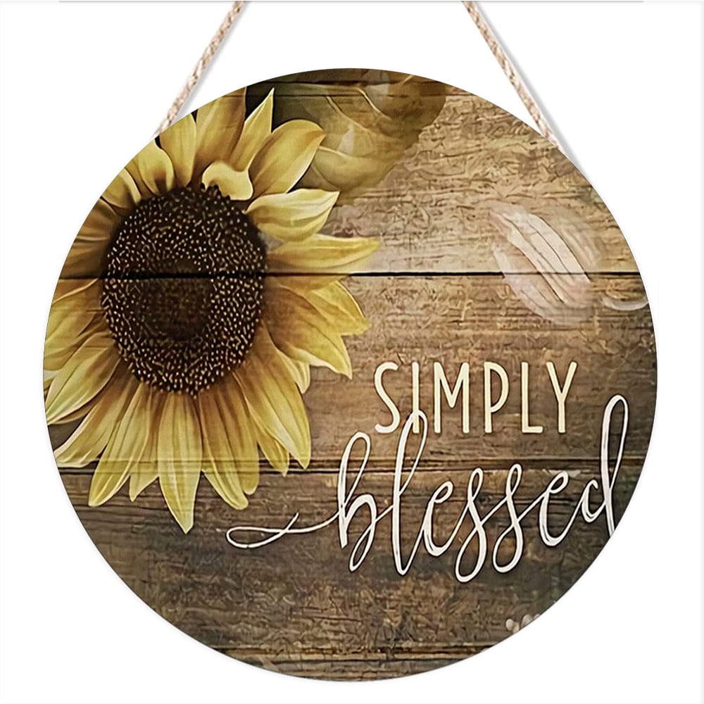 Simply Blessed Round Hanging Wood Sign Sunflower Christmas Rustic ...