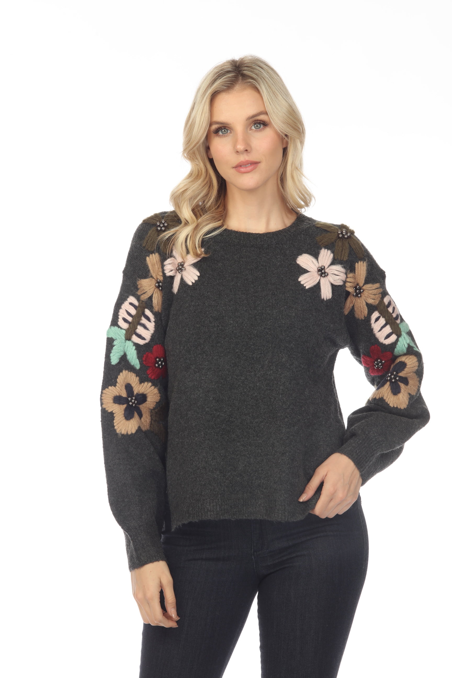 Simply Couture Women's Solid Blooming Floral Embroidered Blouson Sleeve ...