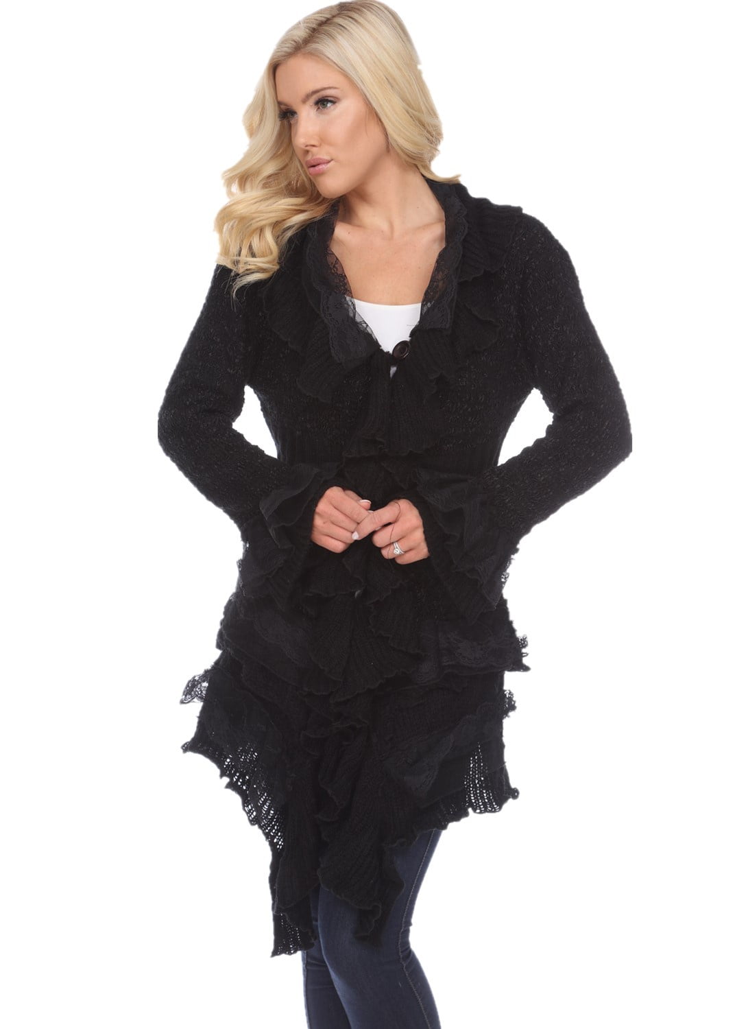 Simply Couture Women's Plus Size Knitted Lace Ruffle Bell Sleeve Solid ...