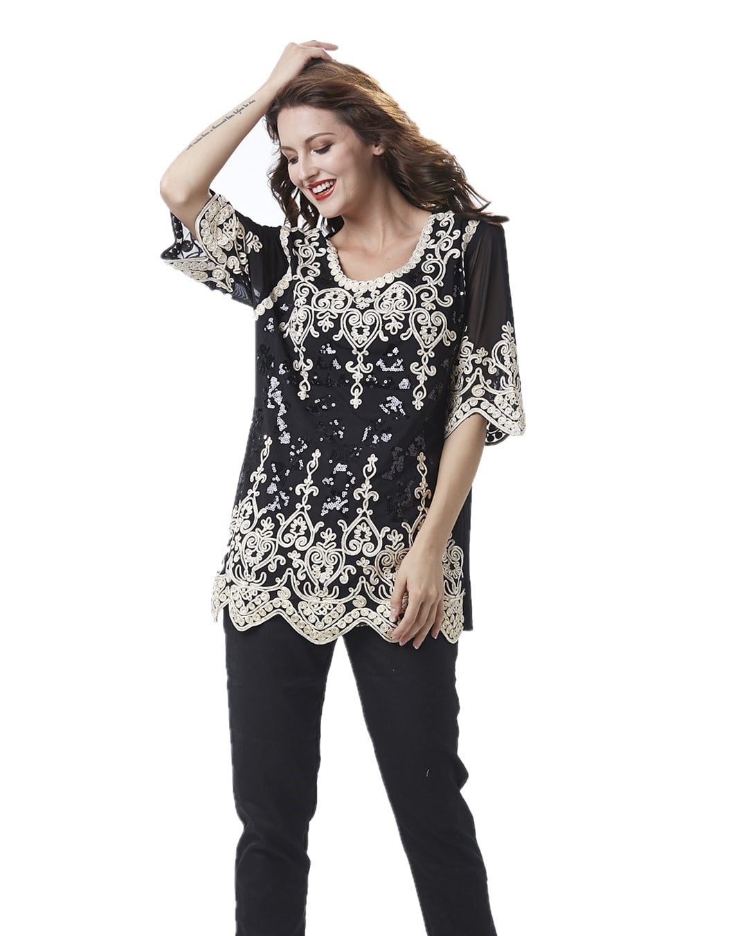 Simply Couture Women's Plus Size Light Cooling Opaque Mesh Embordered ...