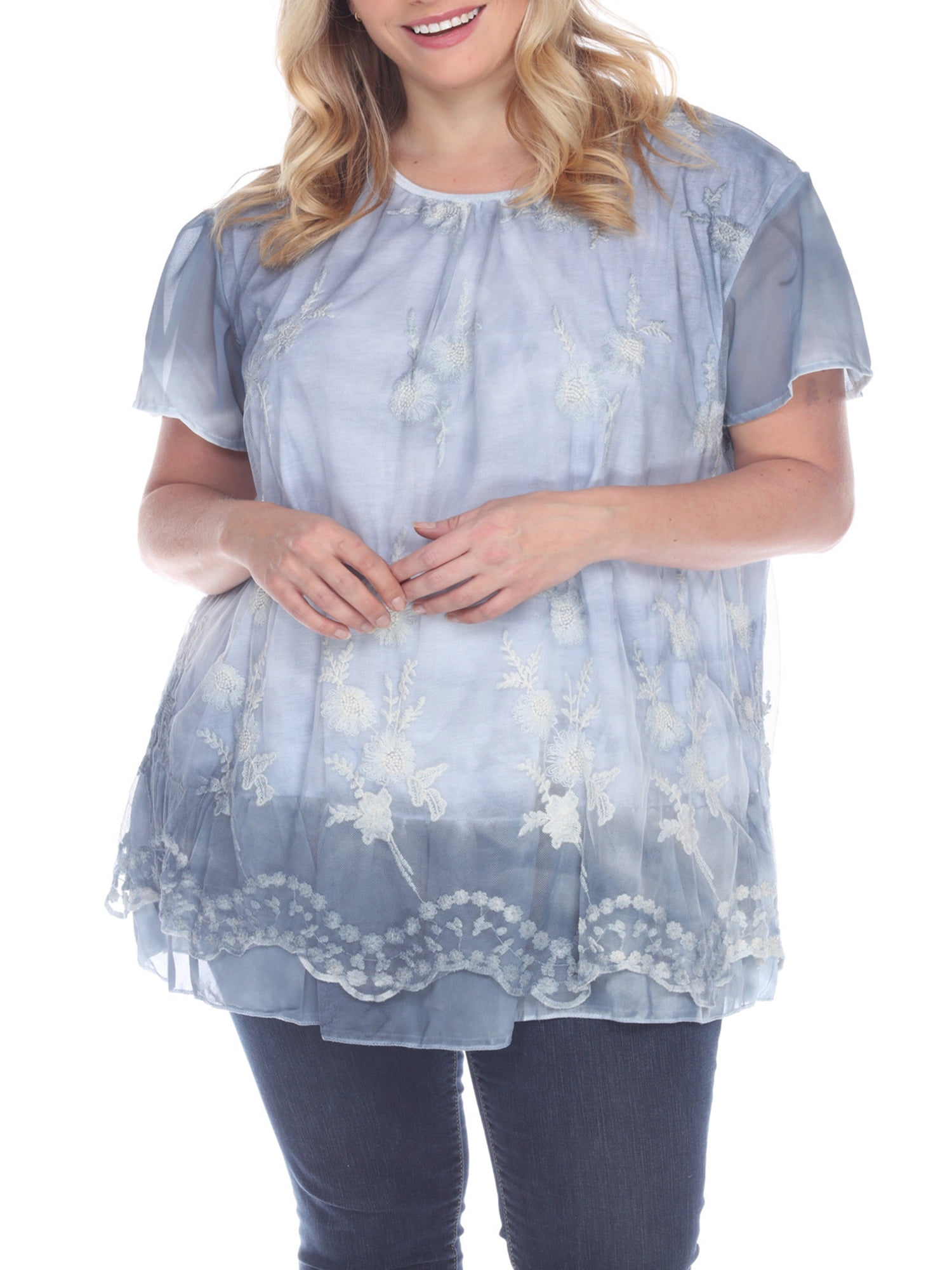 Simply Couture Women's Plus Size Short Sleeve Lace Overlay Blouse ...