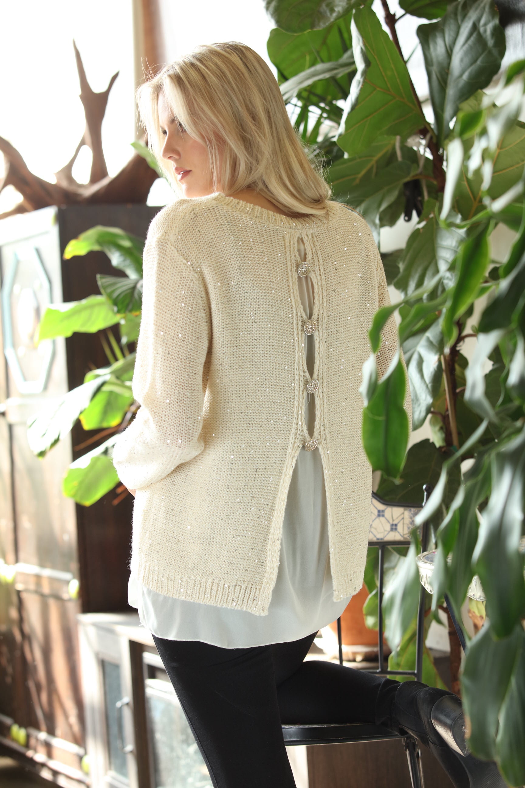 Simply Couture Women's Solid Keyhole Back Knitted Shimmering Sequin ...