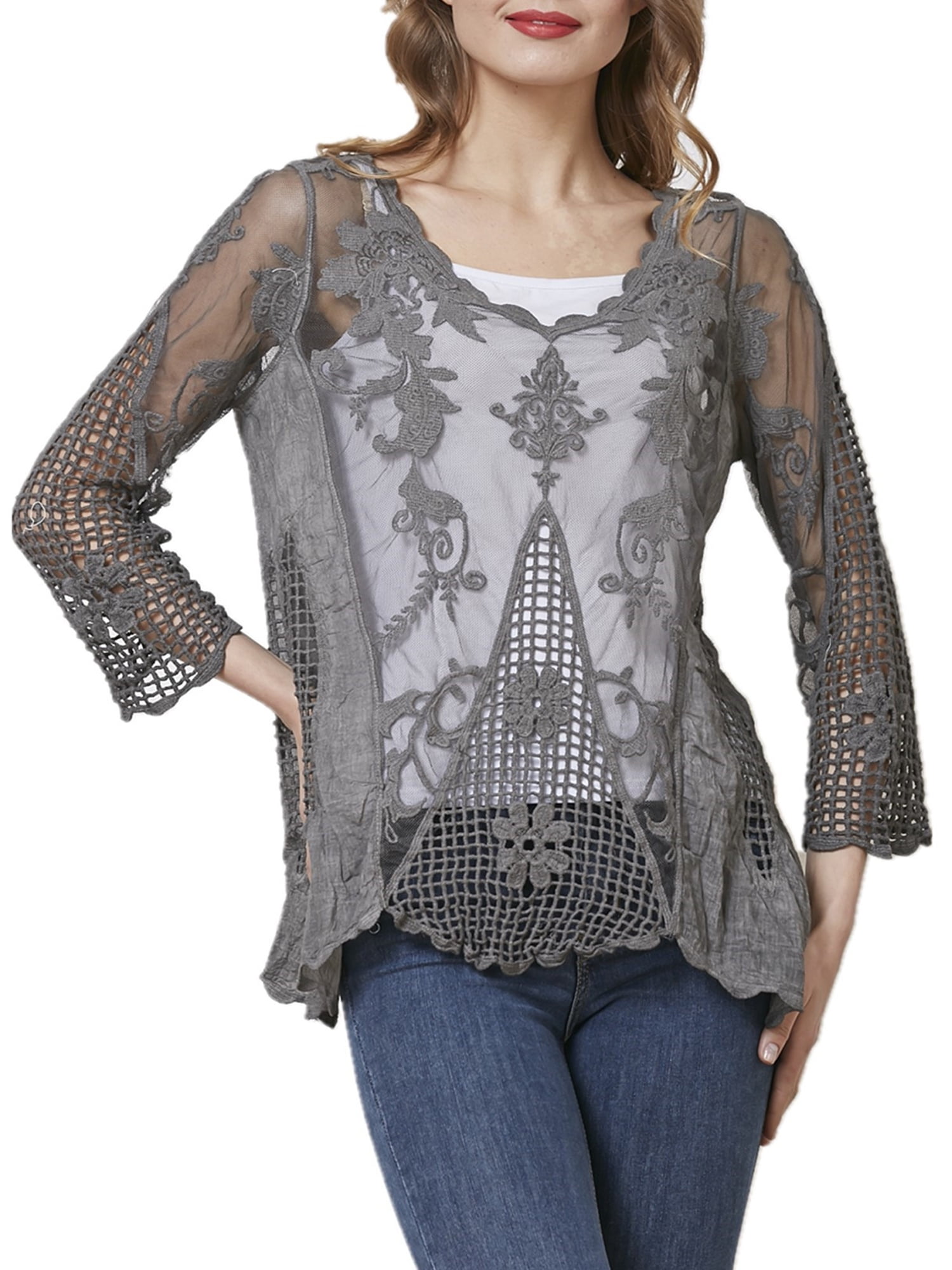 Simply Couture Womens Sheer Long Sleeve Crochet Mesh Top - Walmart.com