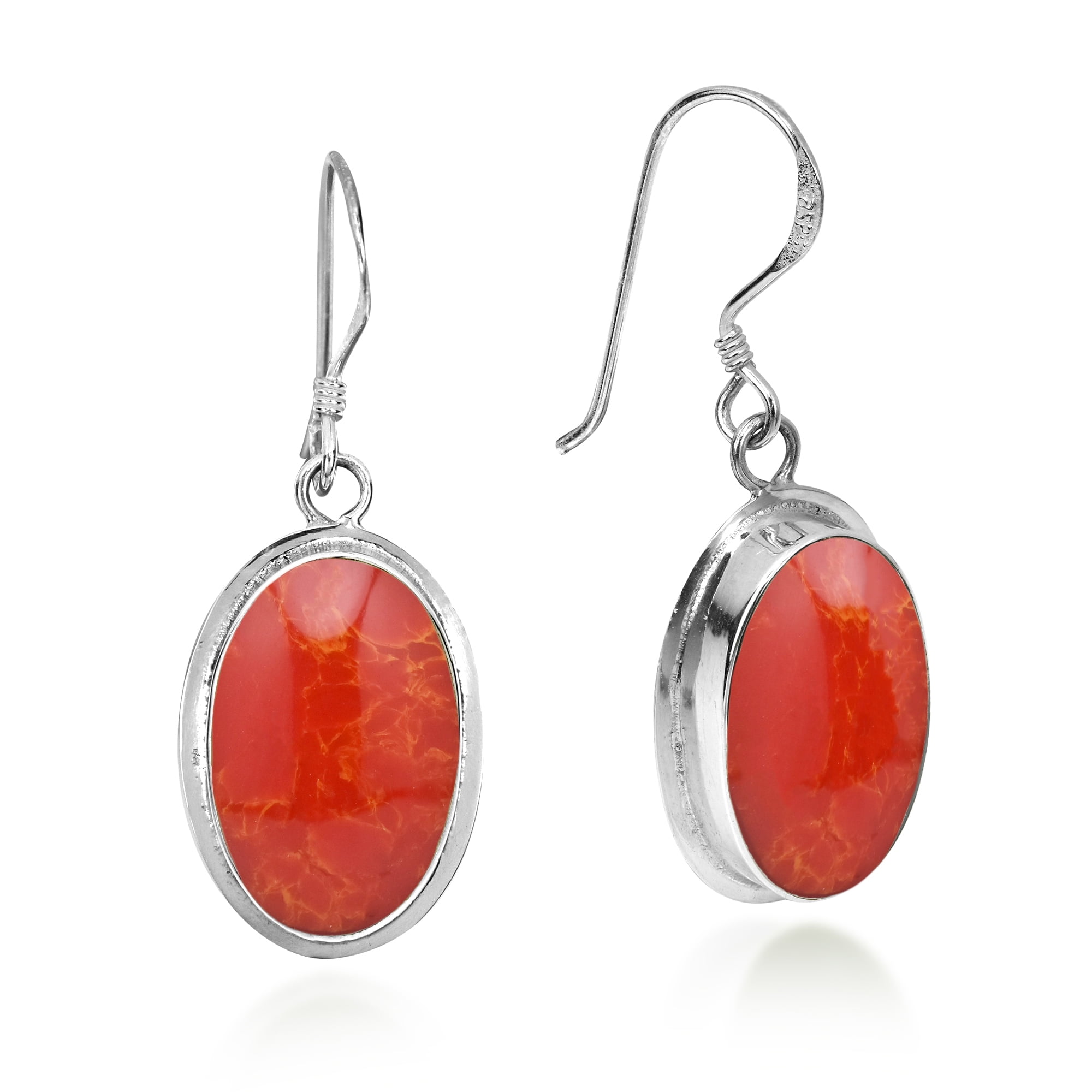 Simply Elegant Oval Red Coral Inlay on Sterling Silver Dangle Earrings ...