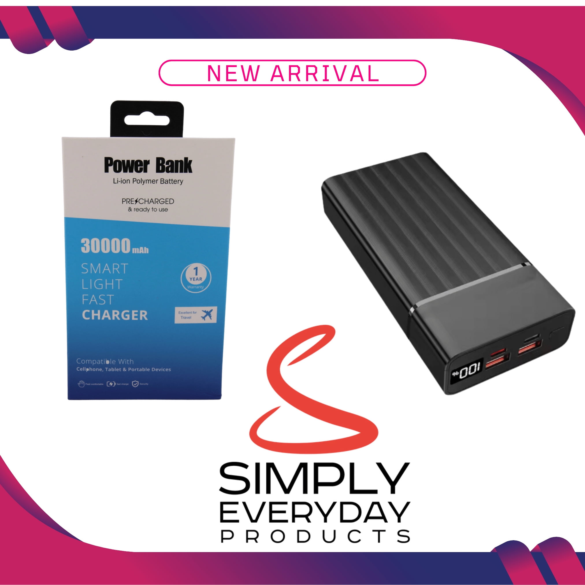 Simply Everyday Products 30000mAh Power Bank - Fast Charger w/ 2 USB 2 ...