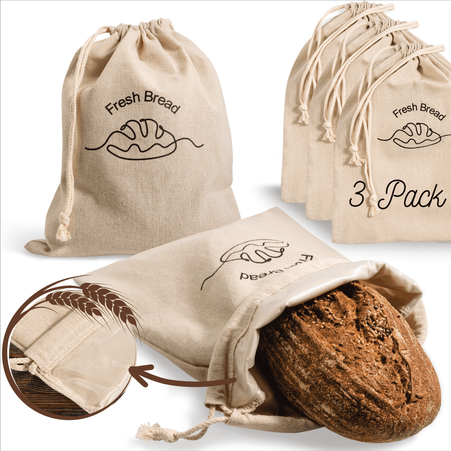 Simply H&K Reusable Bread Bags (3 Pack) - Keeps Homemade Bread Fresh ...