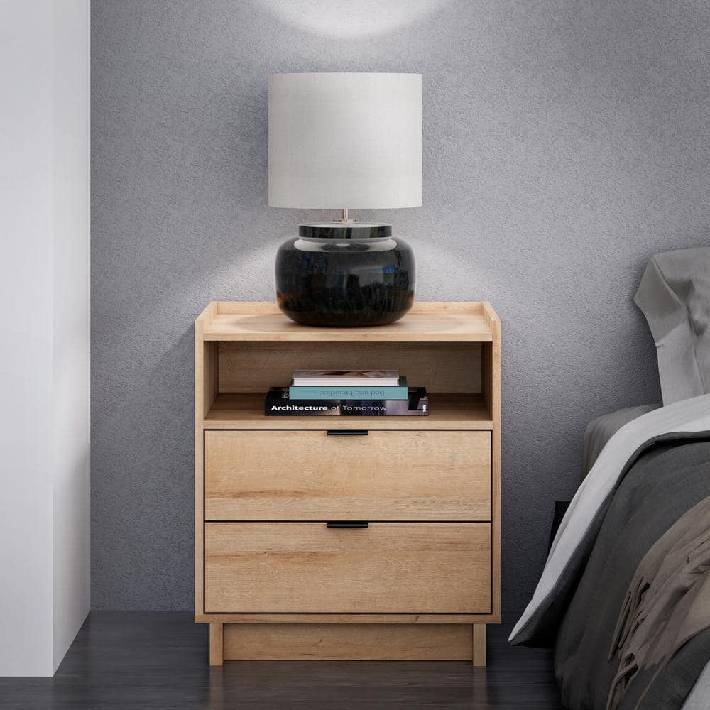 Simply Modern Natural Oak 2-Drawer 23.75 in. W Nightstand, Open Shelf ...