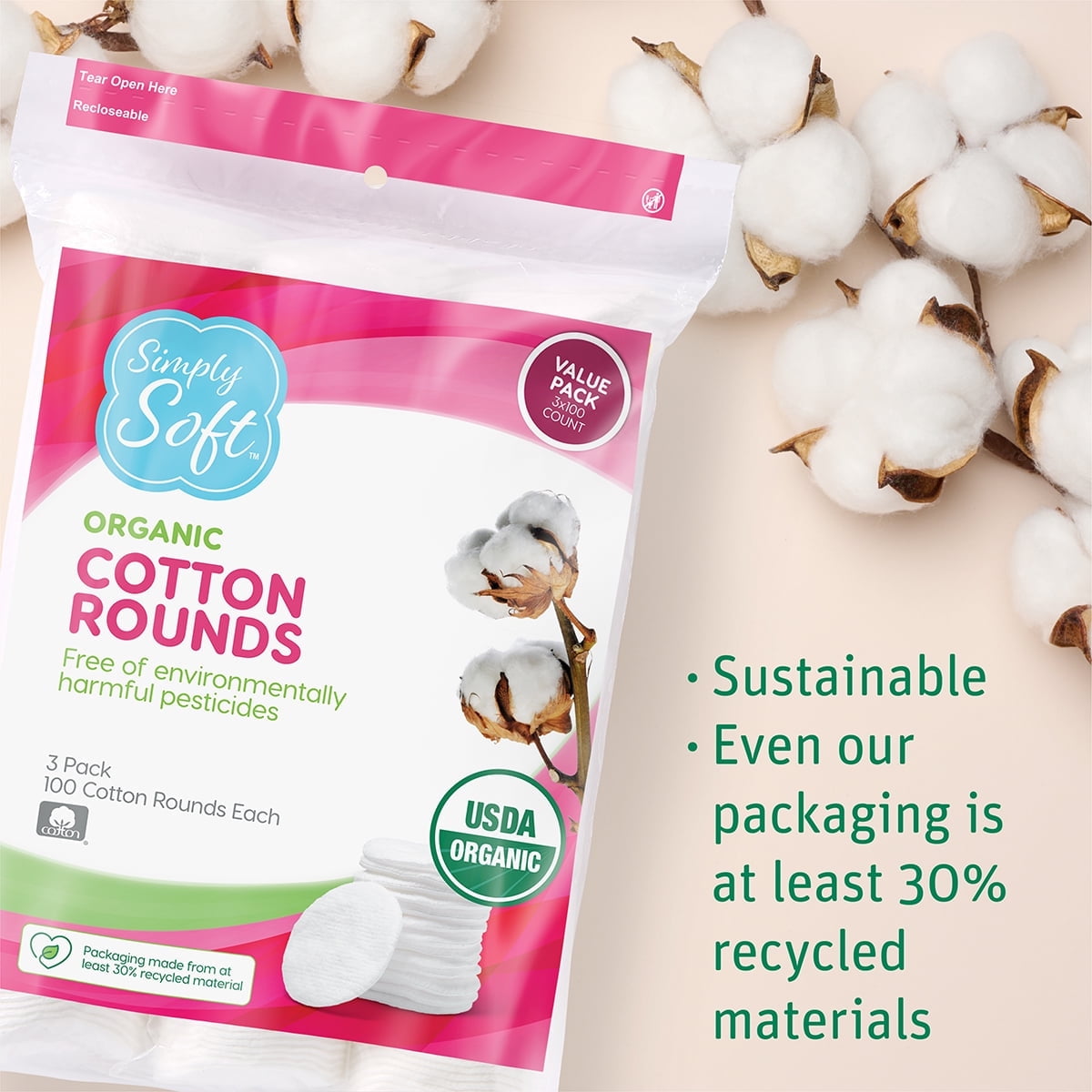 Simply Soft Premium Organic Cotton Rounds, 100 Count (Pack of 3), 100% ...
