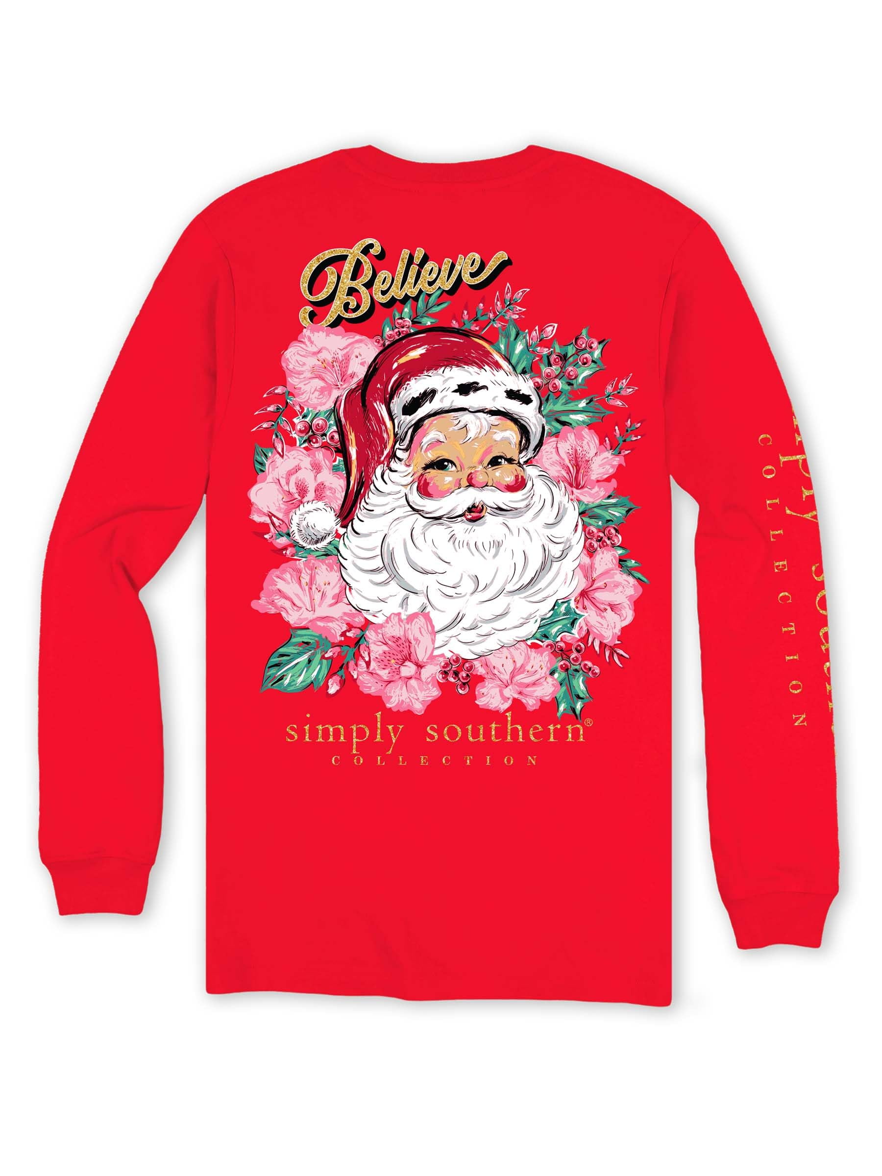 Simply Southern Believe - Floral Santa - Adult Long Sleeve (US, Alpha ...