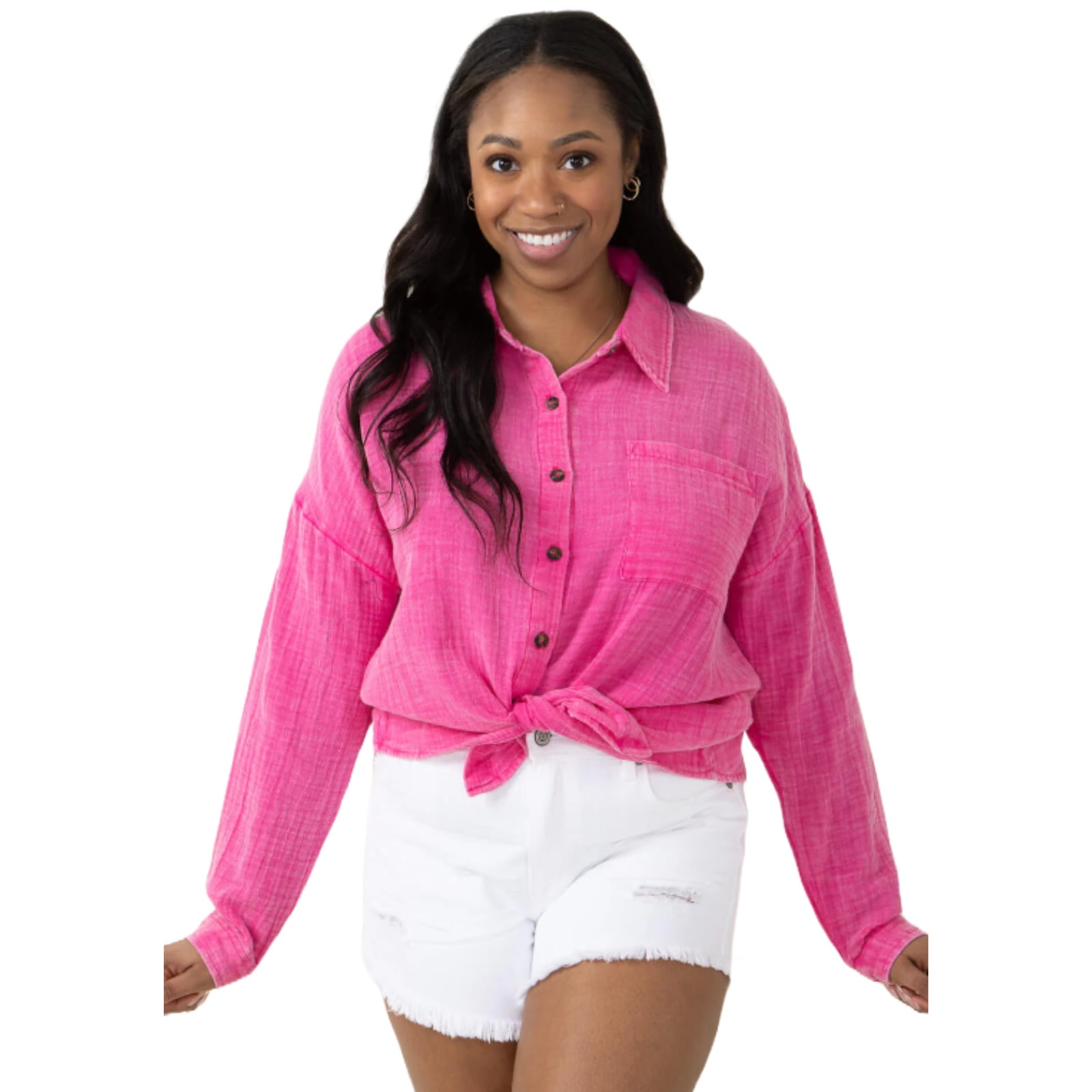 Simply Southern Ladies Gauze Hot Pink Button Down Shirt 0124-BTNDWN-GZE ...