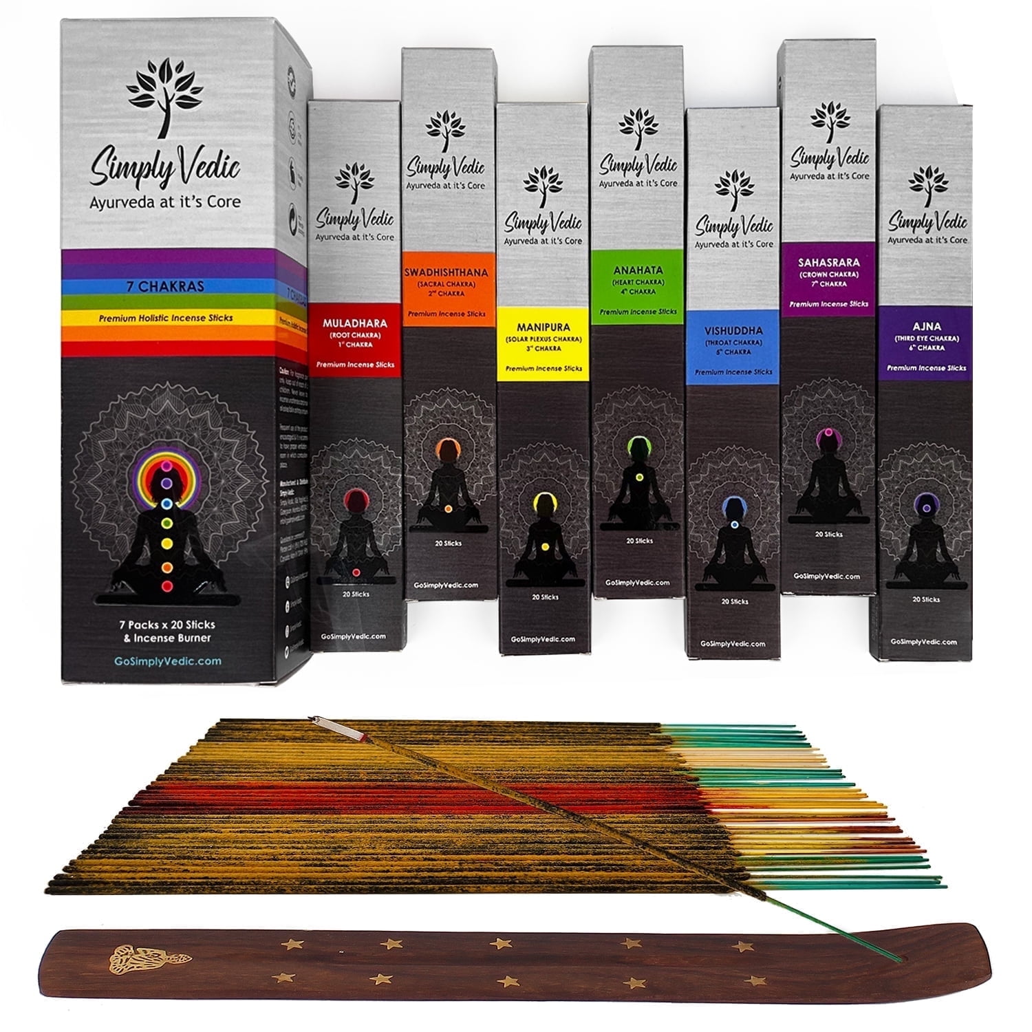 Simply Vedic 7 Chakra Premium 140 Incense With Holder Each for ...