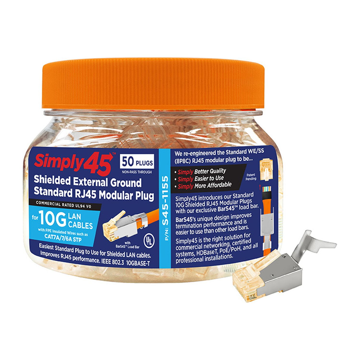 Simply45 Cat 7/7a/6a STP Shielded External Ground RJ45 Standard Modular ...