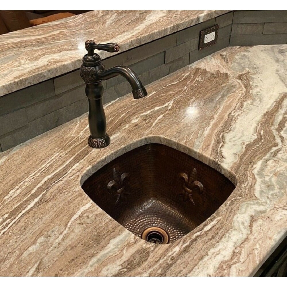 SimplyCopper 15" Square Kitchen Bar Copper Sink Fleur de Lis Motif - 15" x 15" x 7" - 15" x 15 ...
