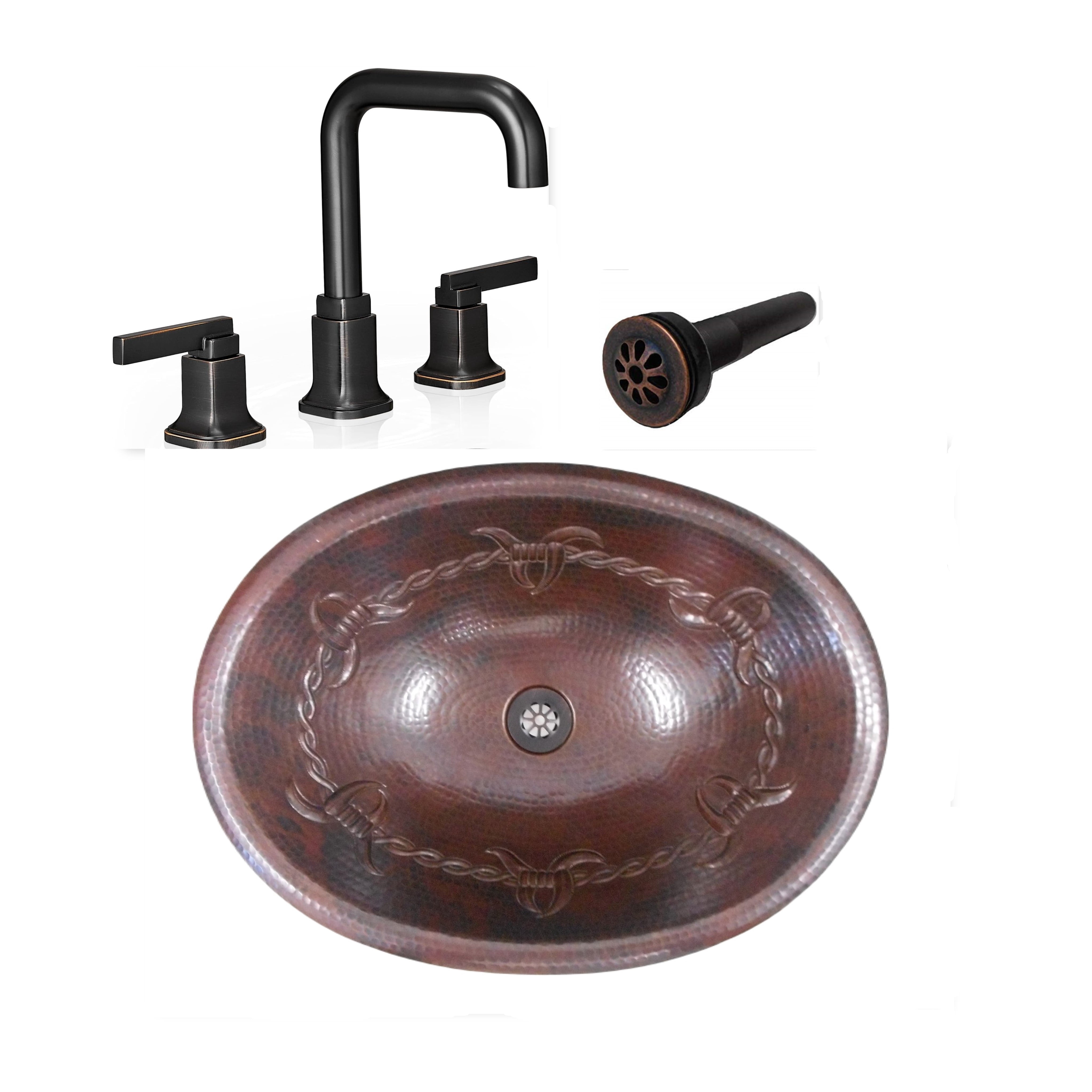 SimplyCopper 19" Oval Copper Bath Sink with Barbed Wire Design, Faucet ...