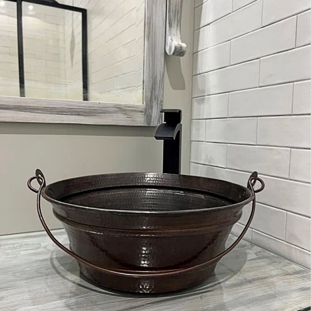 SimplyCopper Aged Copper 15" Round Copper Vessel BUCKET Bathroom Sink ...