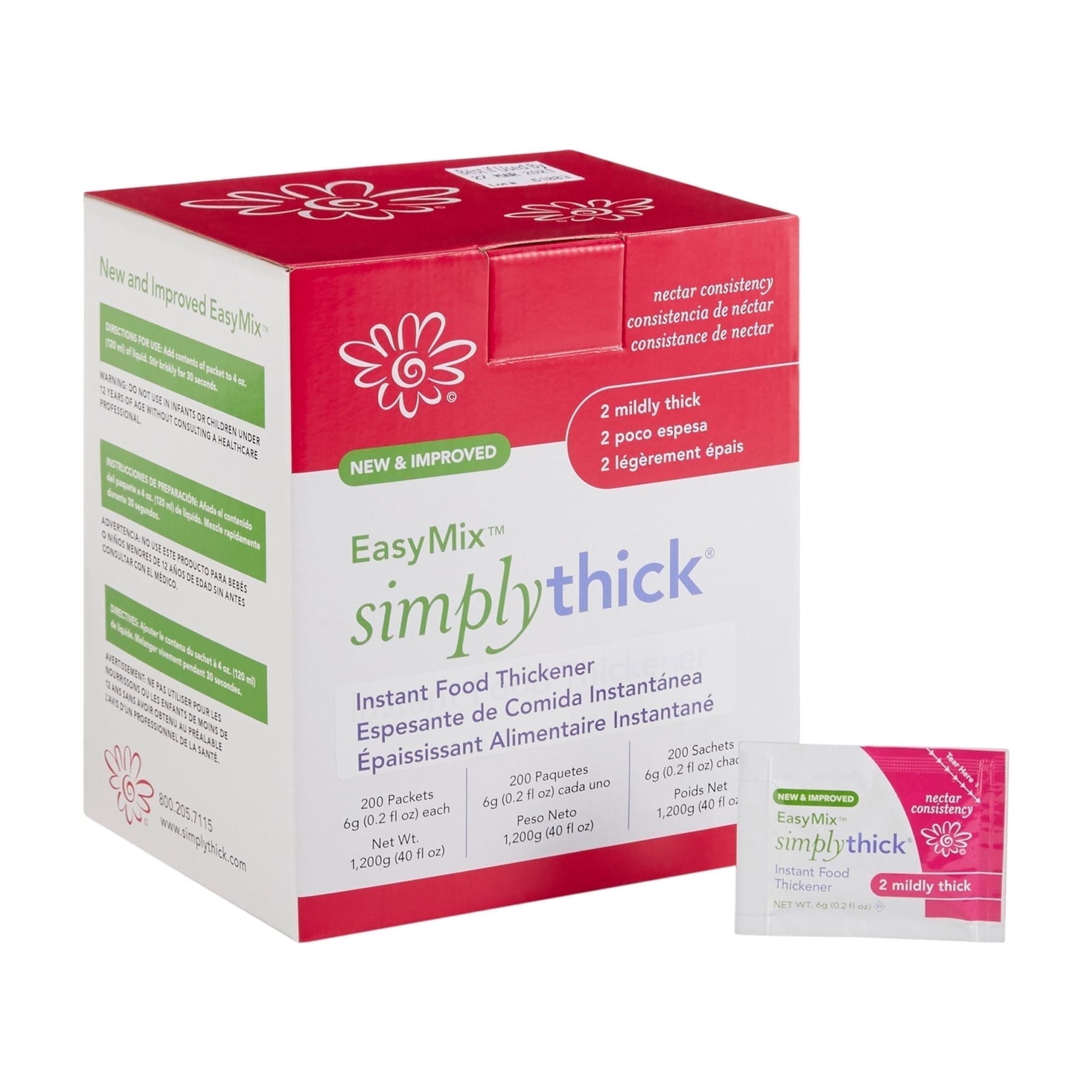 SimplyThick Easy Mix Food & Beverage Thickener, Nectar Consistency, Unflavored, 6g Packets, 200 ...