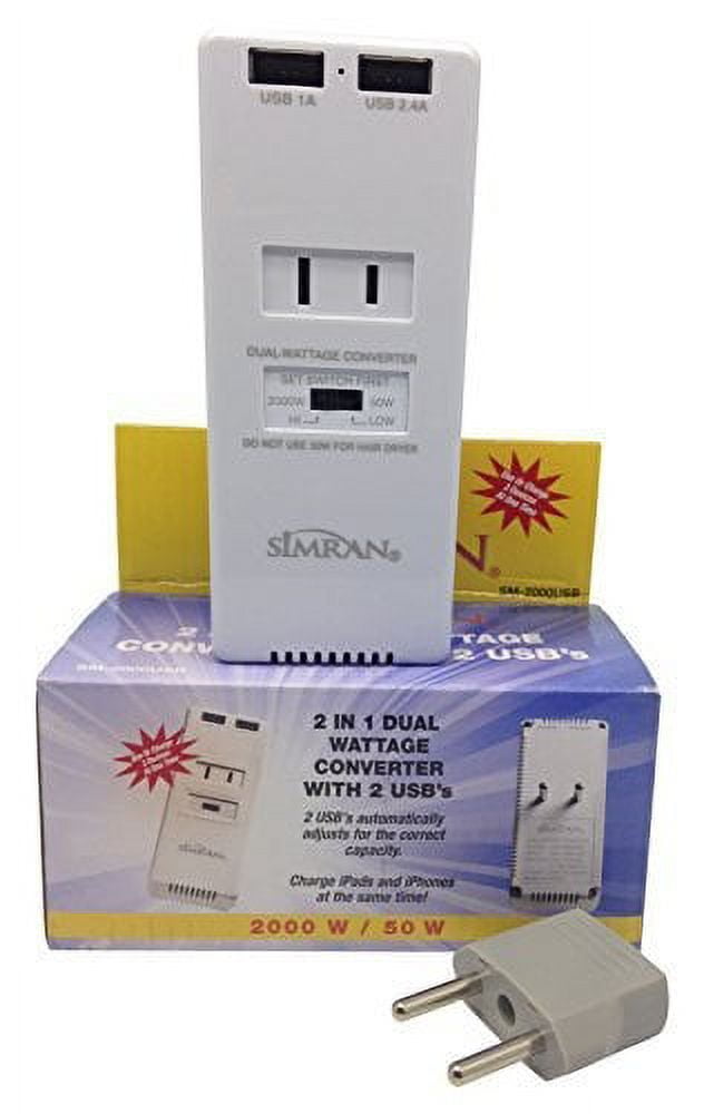 Simran SM-2000USB Voltage Converter with 2 USB Ports and 1-AC Outlet ...