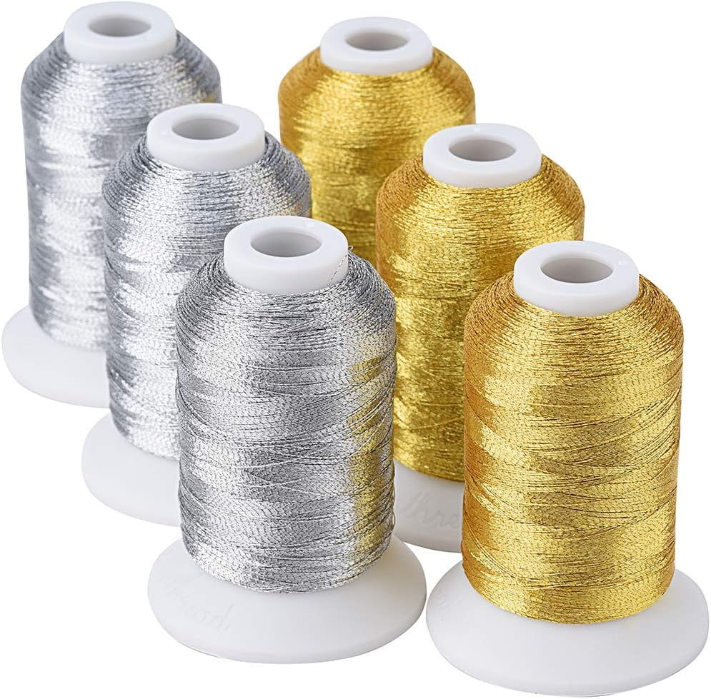 Simthread 6 Spools Metallic Embroidery Machine Thread (3 Gold+ 3 Silver ...