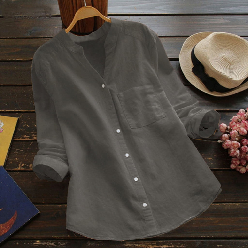 Simua Fashion Women's Linen Tunic Shirts Blouses Tops Long Sleeve High ...